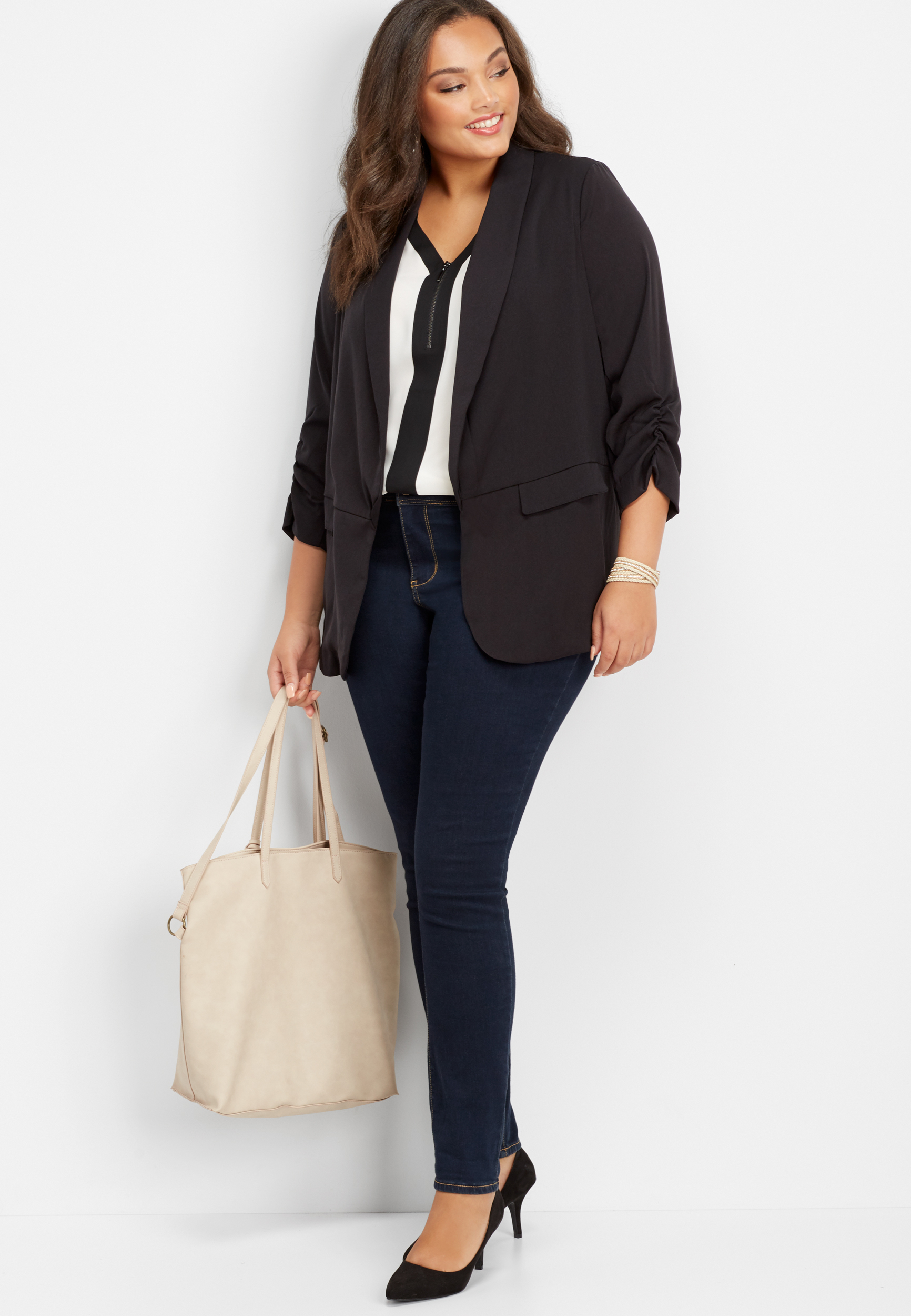 plus size long solid open front blazer | maurices