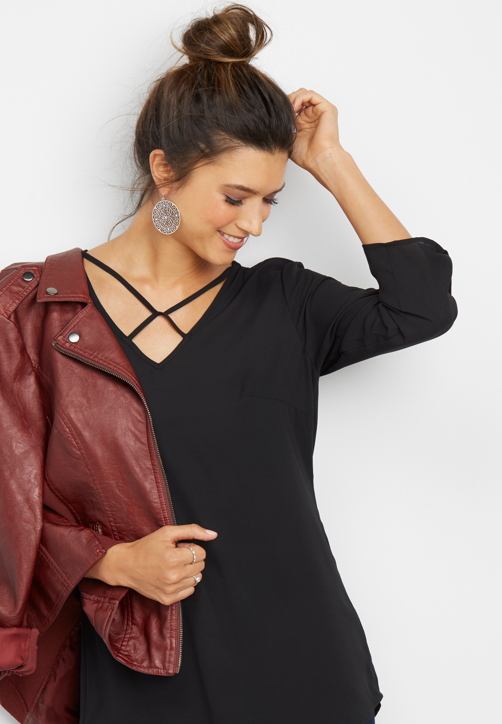 solid lattice neck tunic blouse | maurices