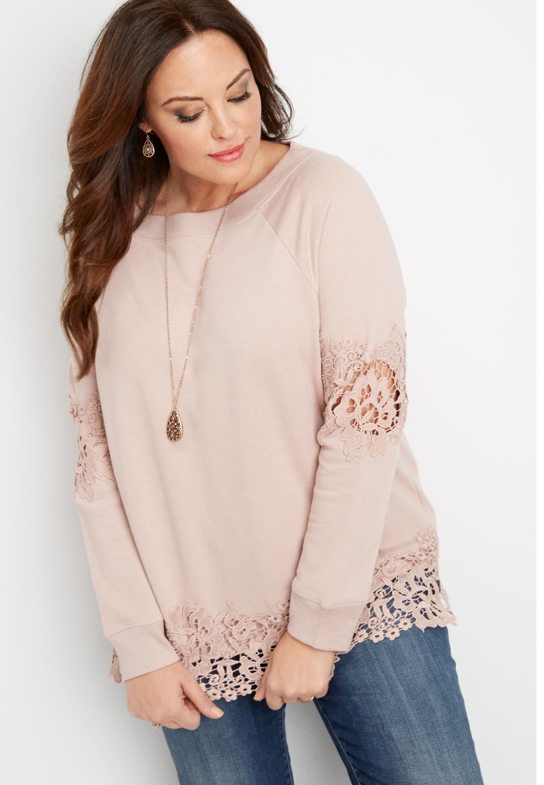 plus size crocheted hem pullover sweatshirt | maurices