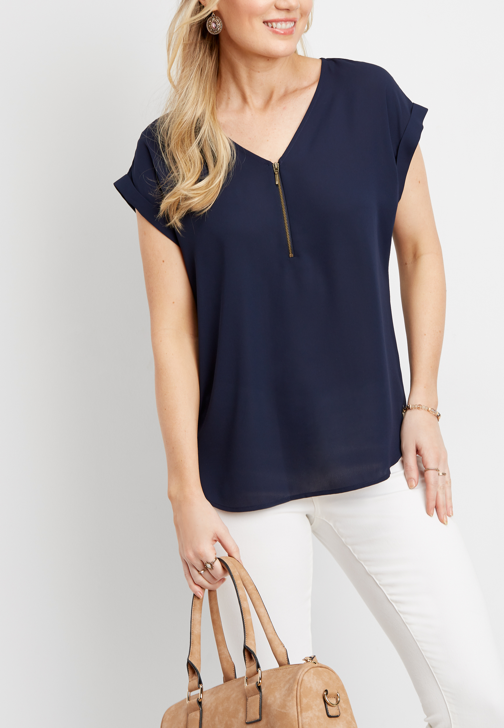 solid zip front short sleeve blouse | maurices