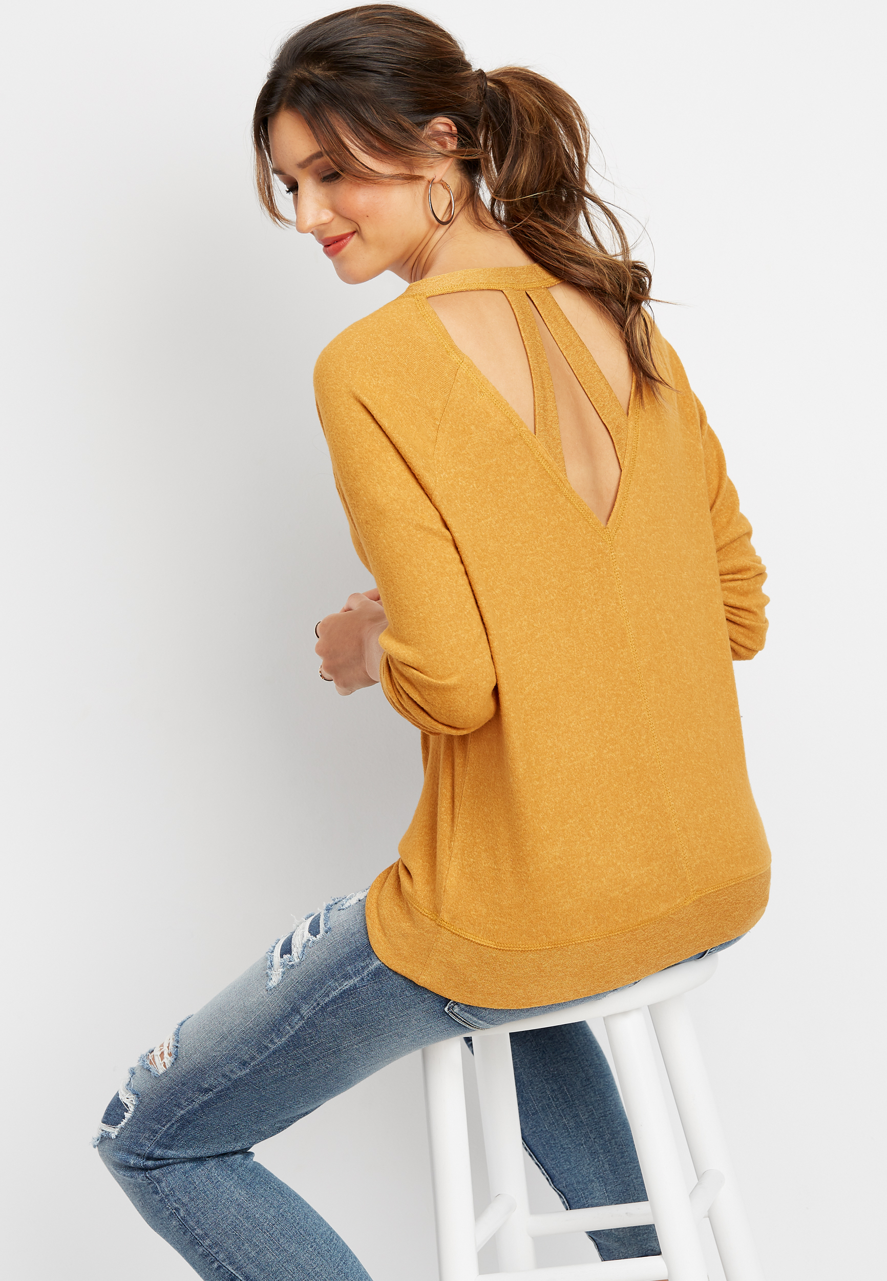 solid brushed lattice back pullover sweatshirt | maurices