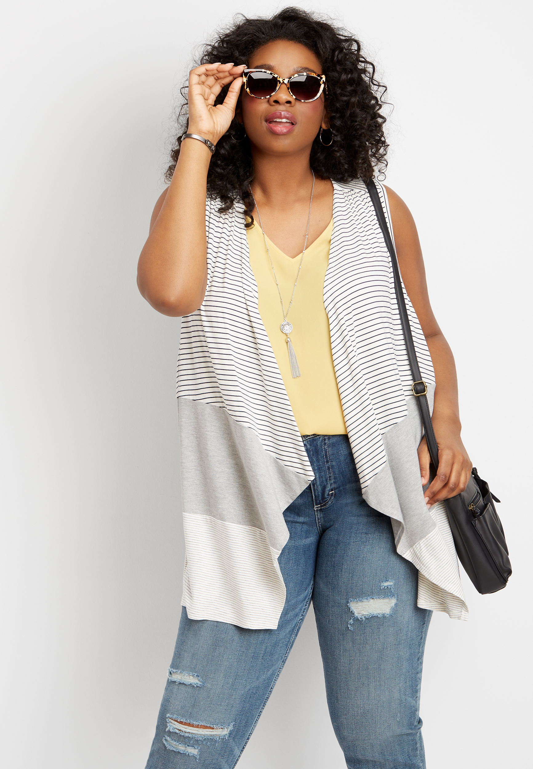 plus size mixed stripe open front vest | maurices