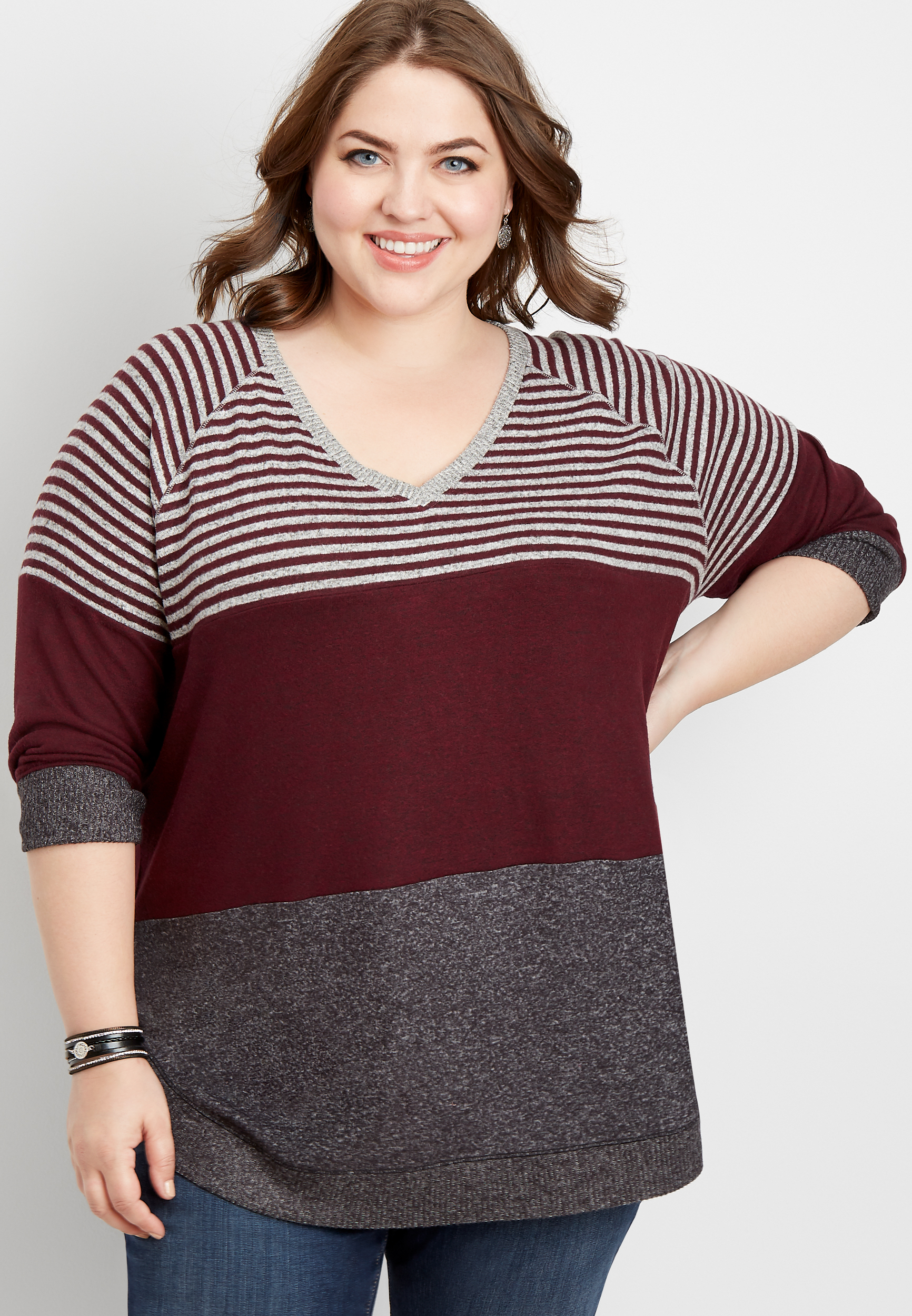plus size stripe colorblock round hem pullover | maurices