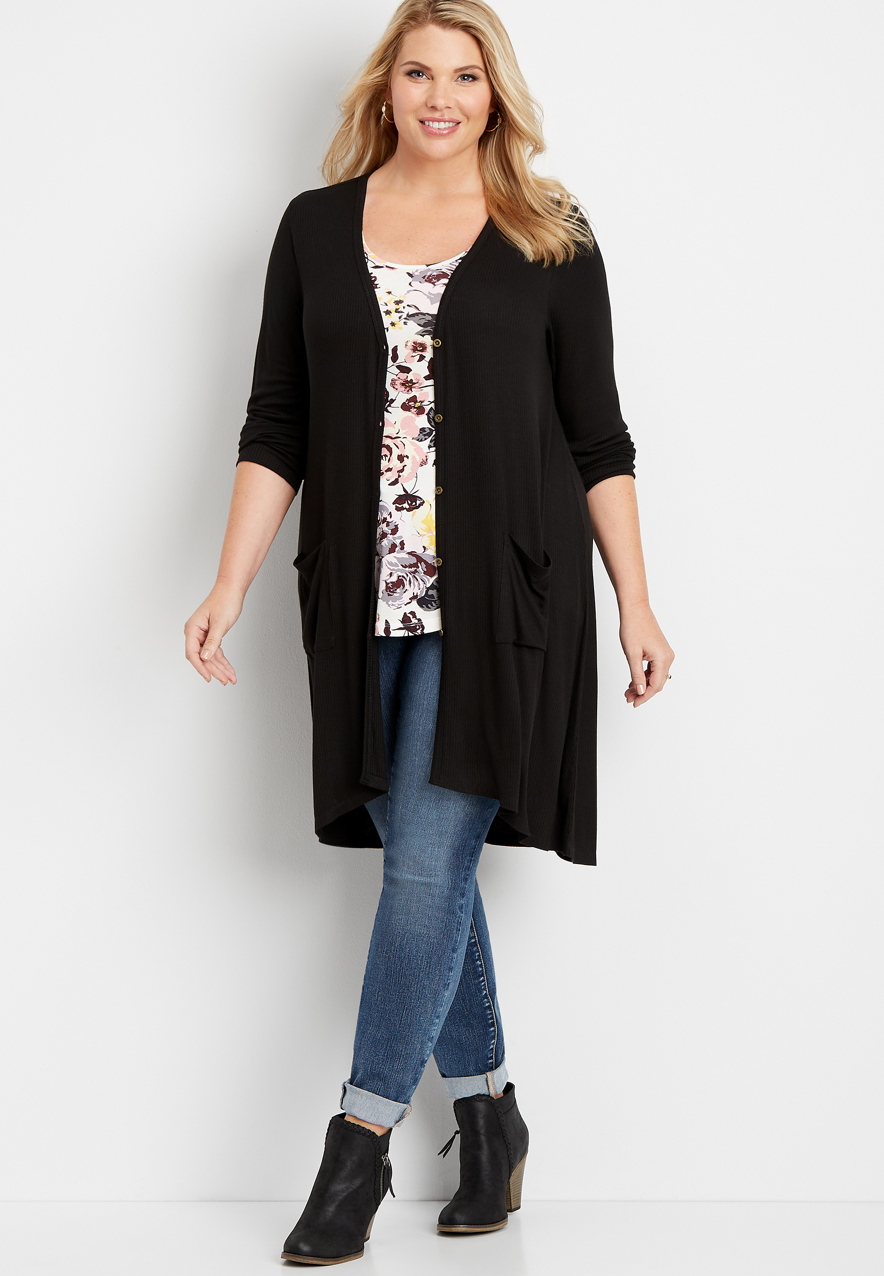 plus size solid ribbed button down duster cardigan | maurices