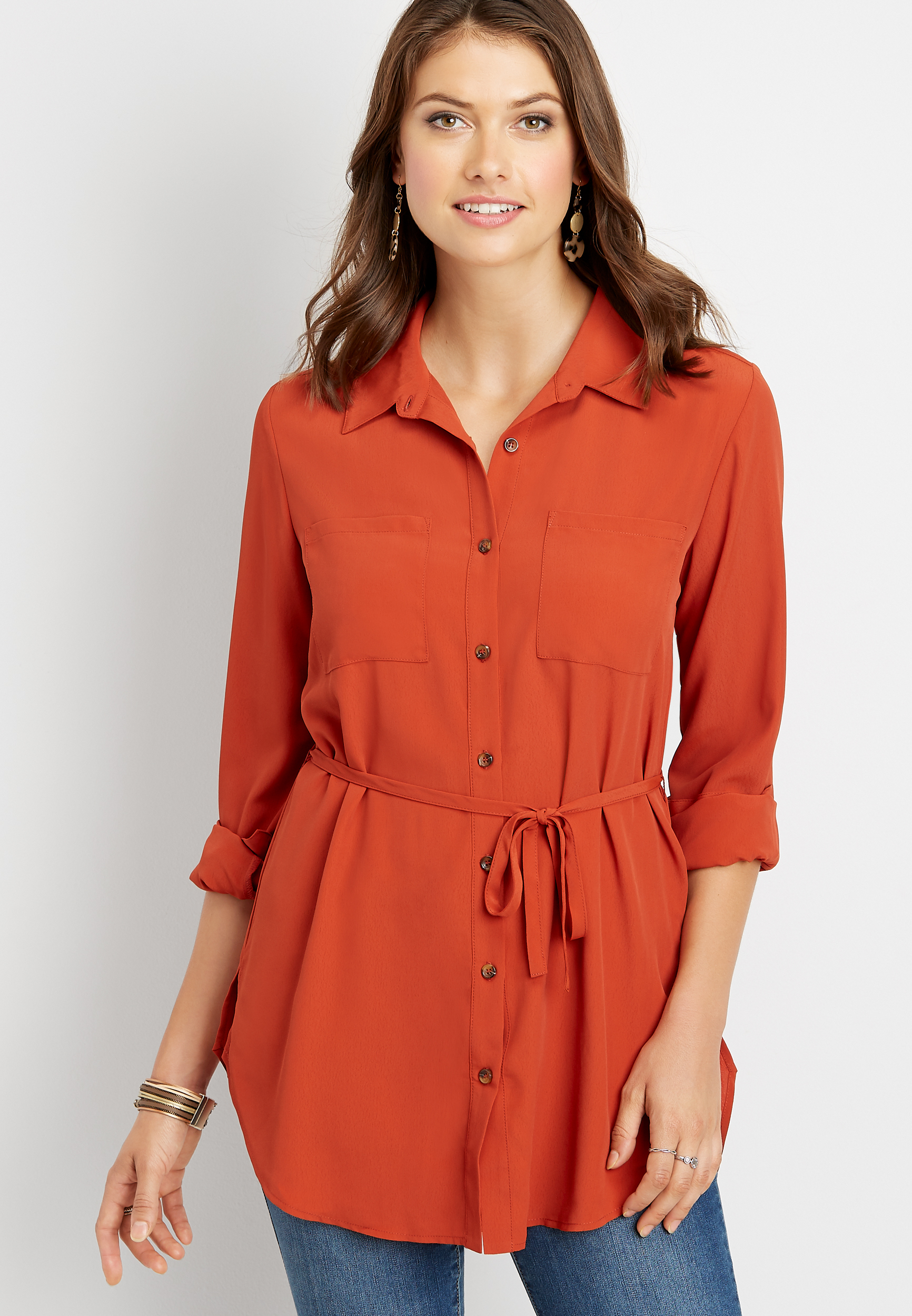 solid tie waist long sleeve tunic blouse | maurices