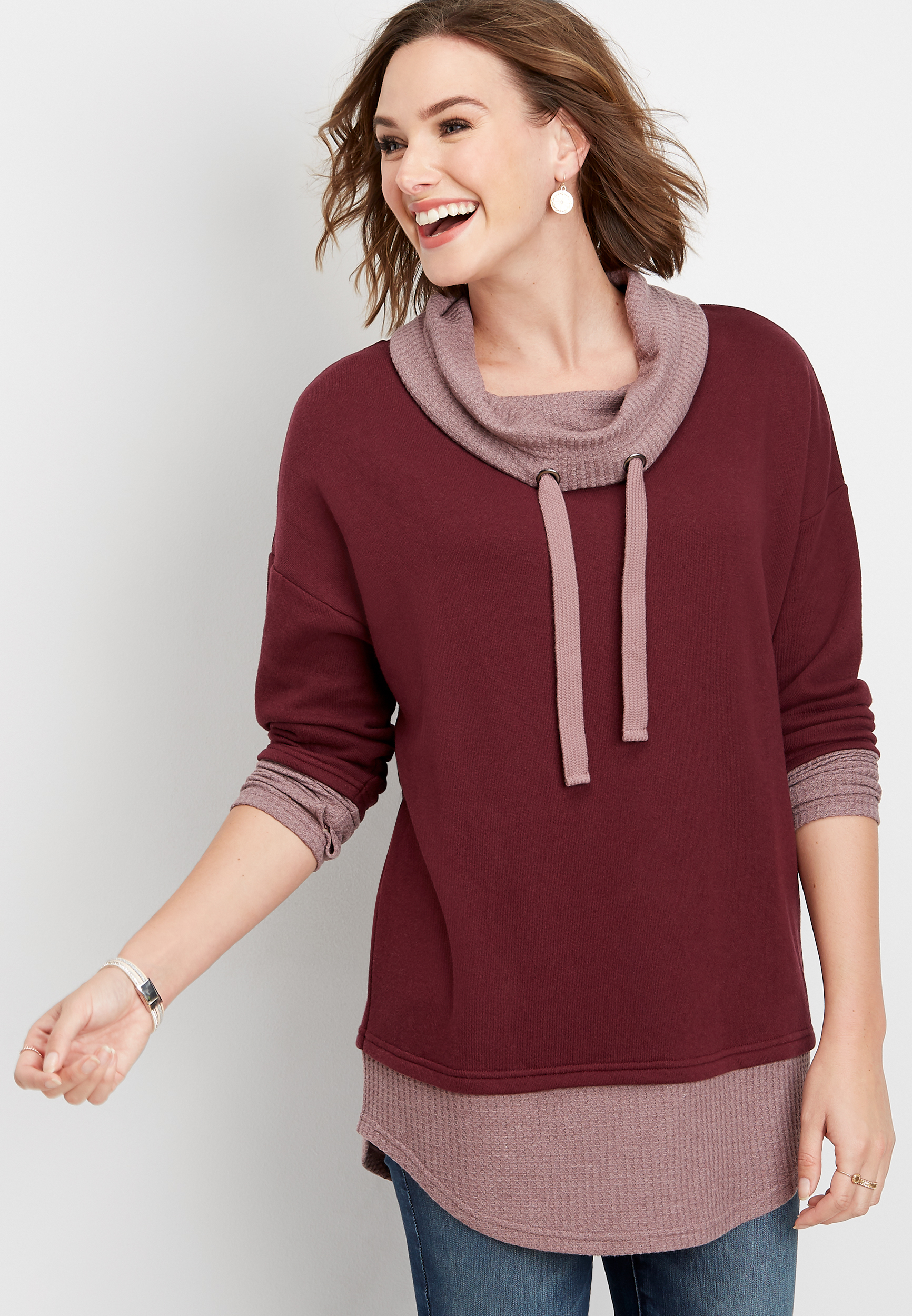 colorblock cowl neck tunic pullover | maurices