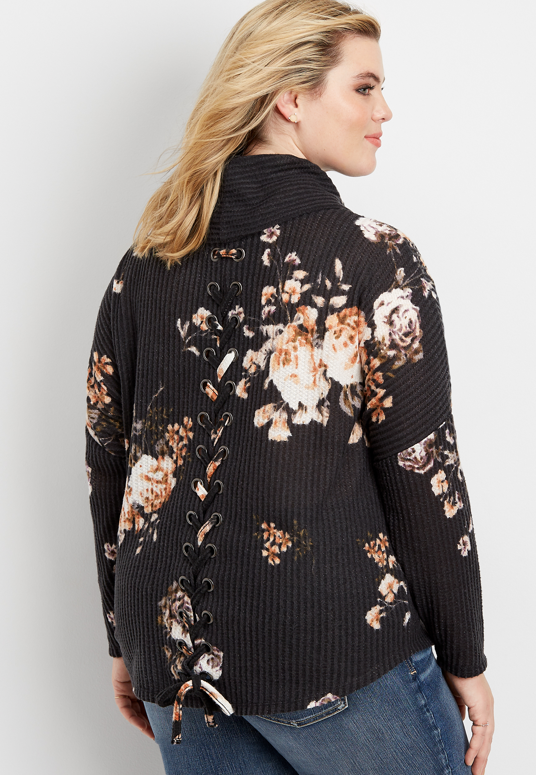 plus size floral lace up back cowl neck pullover | maurices