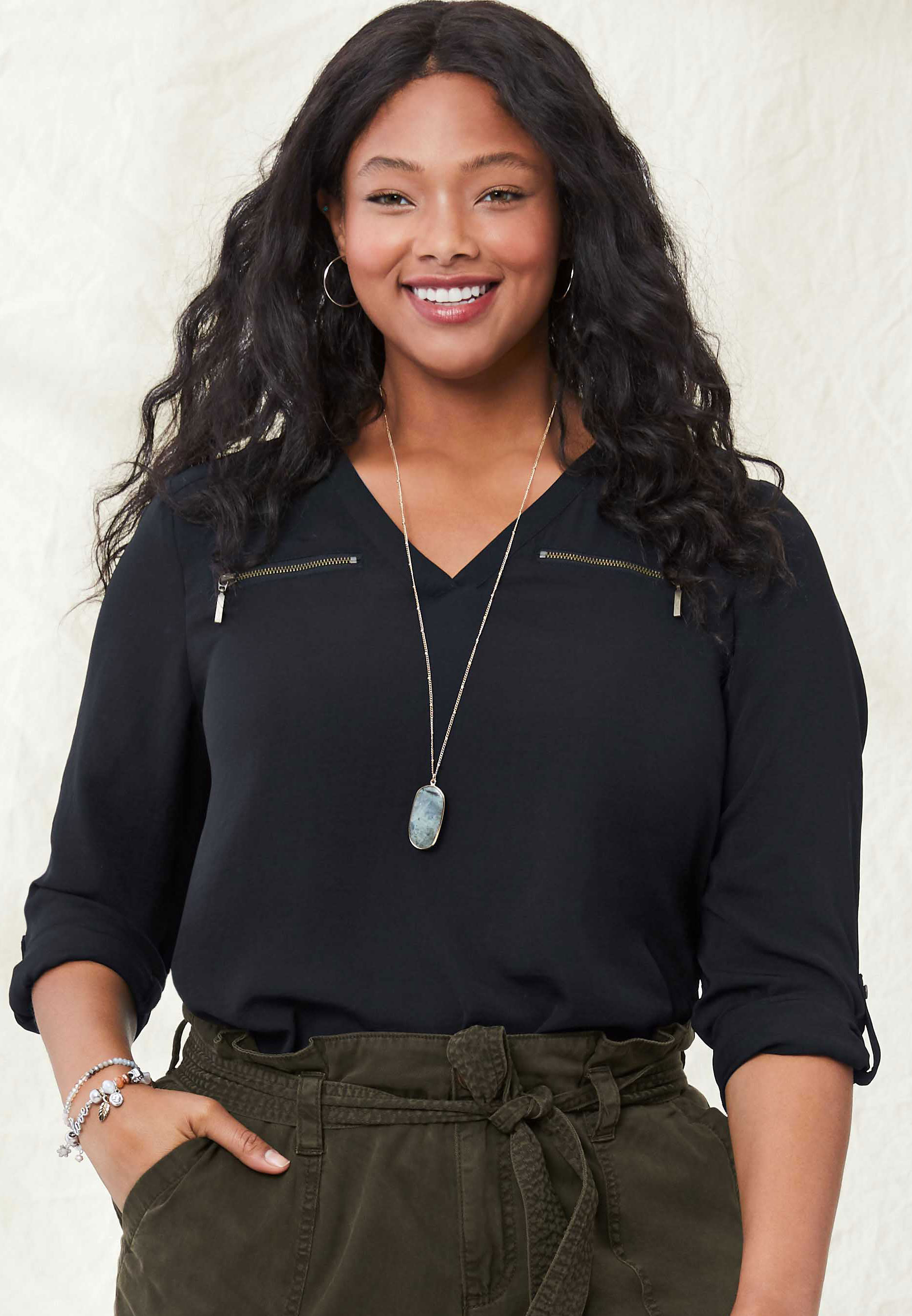 Plus Size Solid Zipper Blouse | maurices