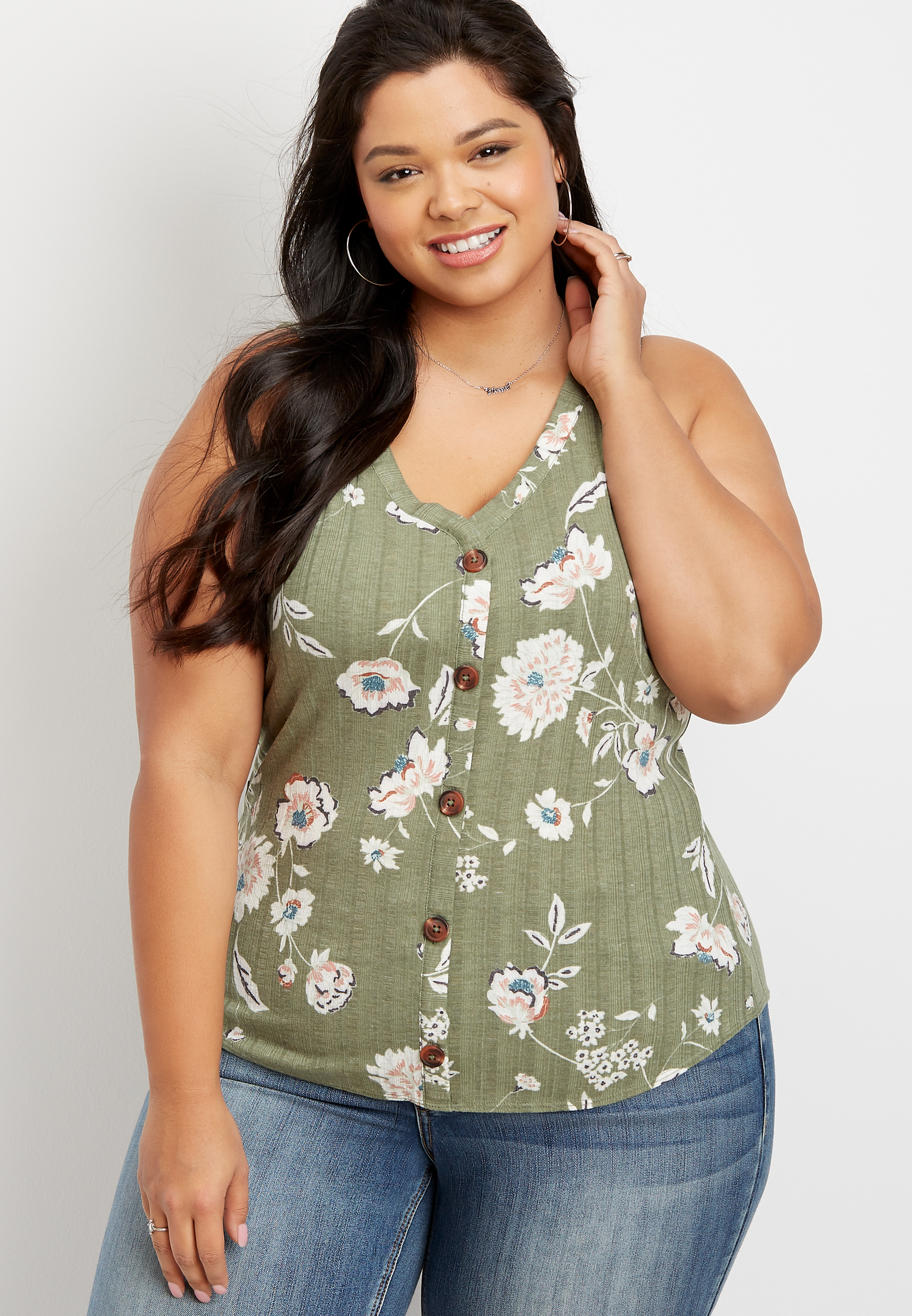 Plus Size Floral Rib Knit Button Front Tank | maurices