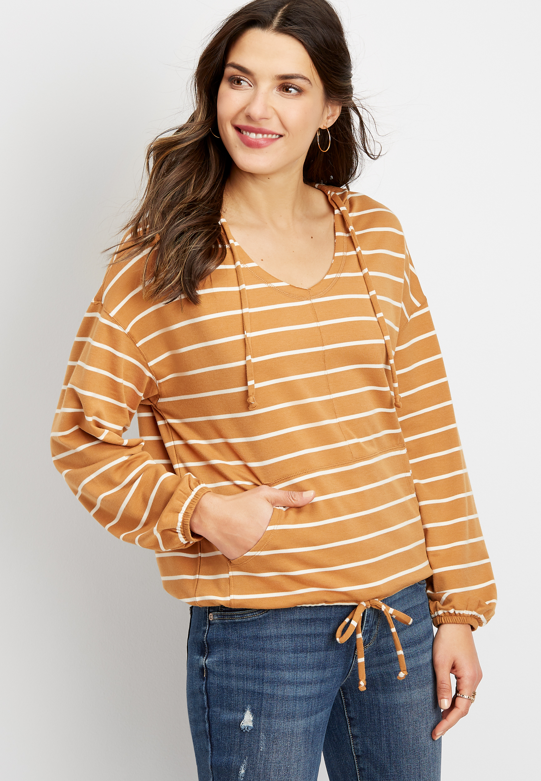 Stripe Cinched Hem Hoodie | maurices