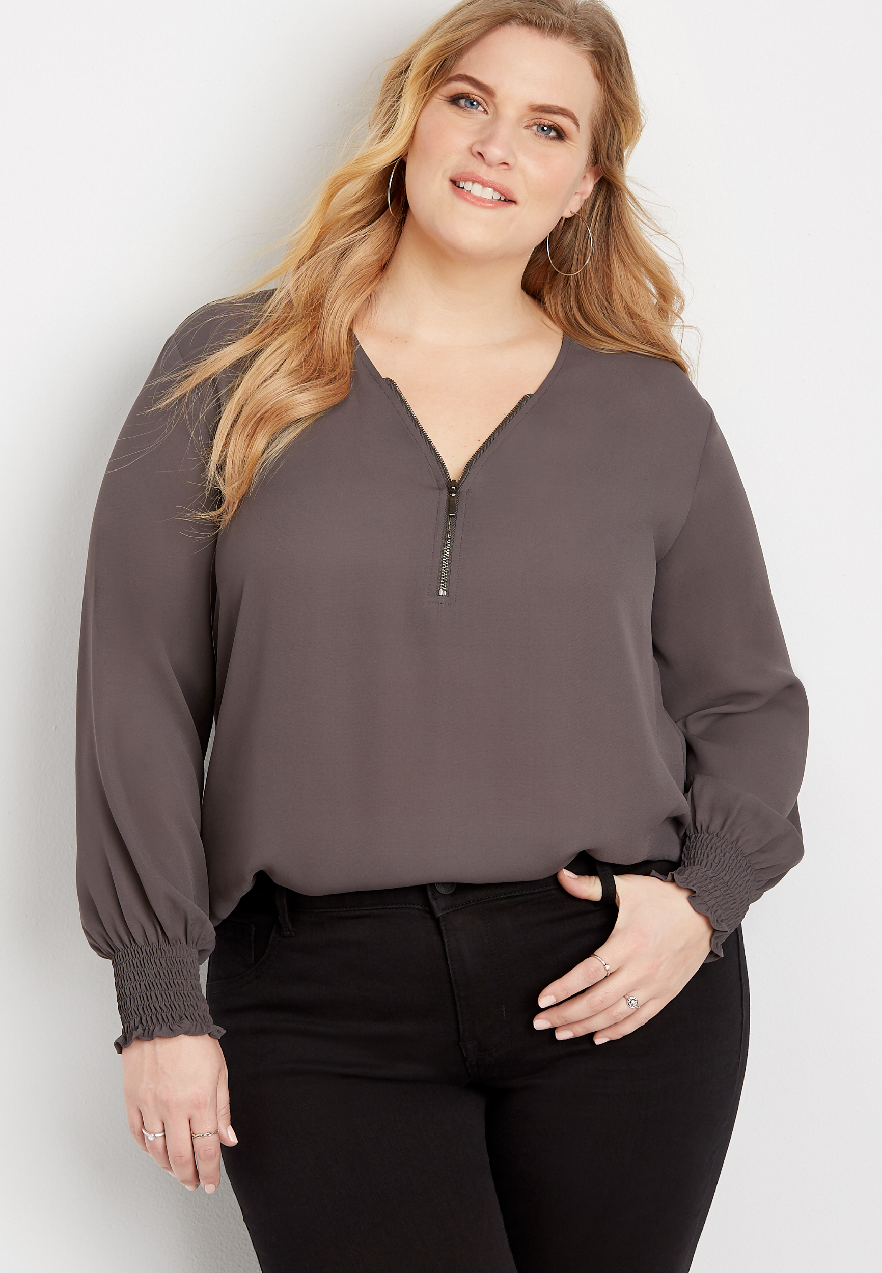 Plus Size Solid Zipper Blouse | maurices