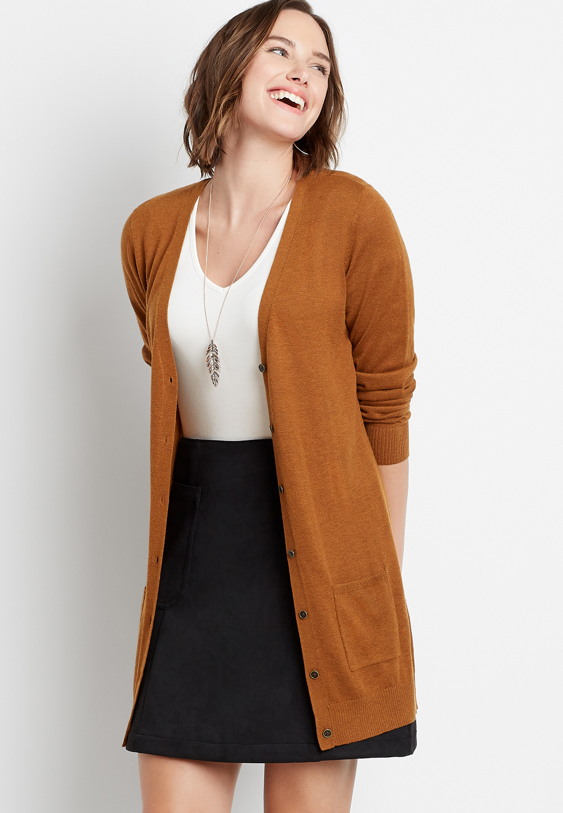 Solid Boyfriend Tunic Button Down Cardigan | maurices