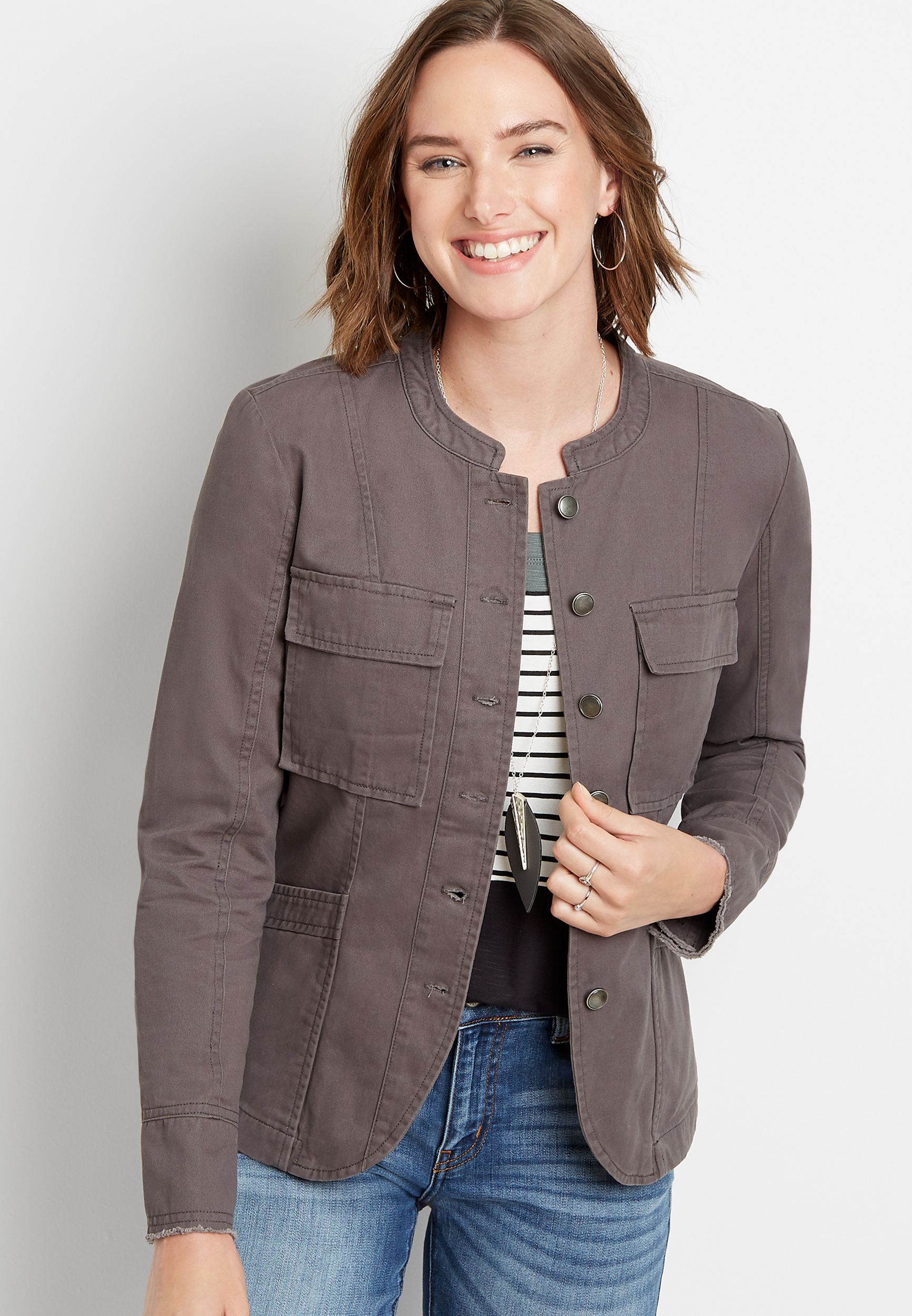 Solid Button Front Military Jacket | maurices