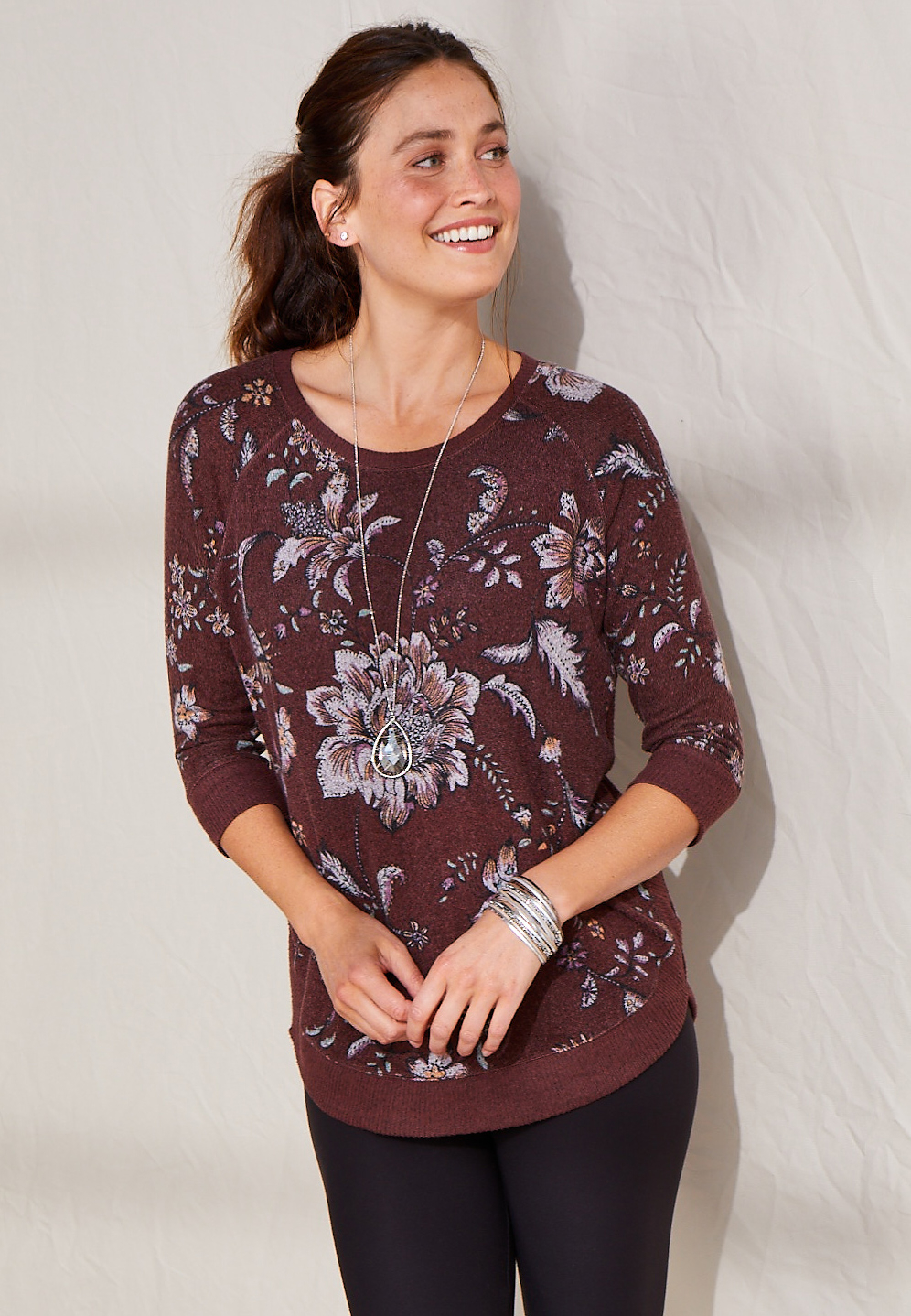 Burgundy Floral Round Hem Pullover | maurices