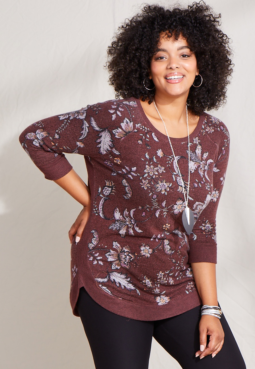 Plus Size Burgundy Floral Round Hem Pullover | maurices