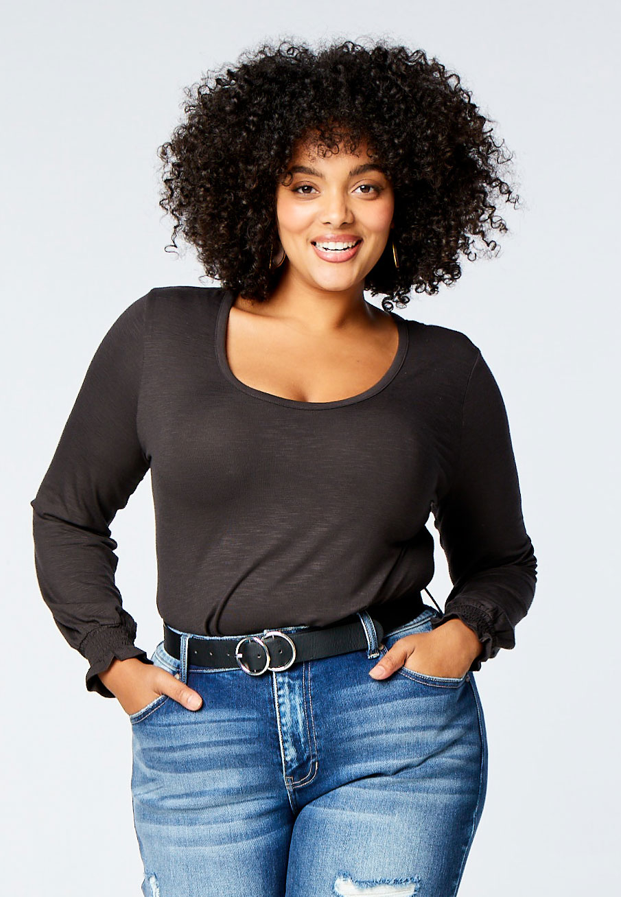 Plus Size 24/7 Solid Long Flutter Sleeve Tuck In Tee | maurices
