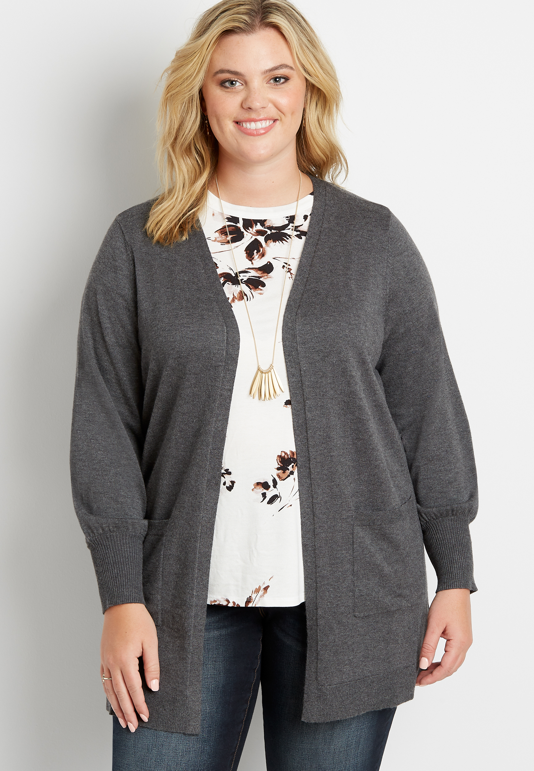 Plus Size Solid Blouson Sleeve Open Front Cardigan | maurices