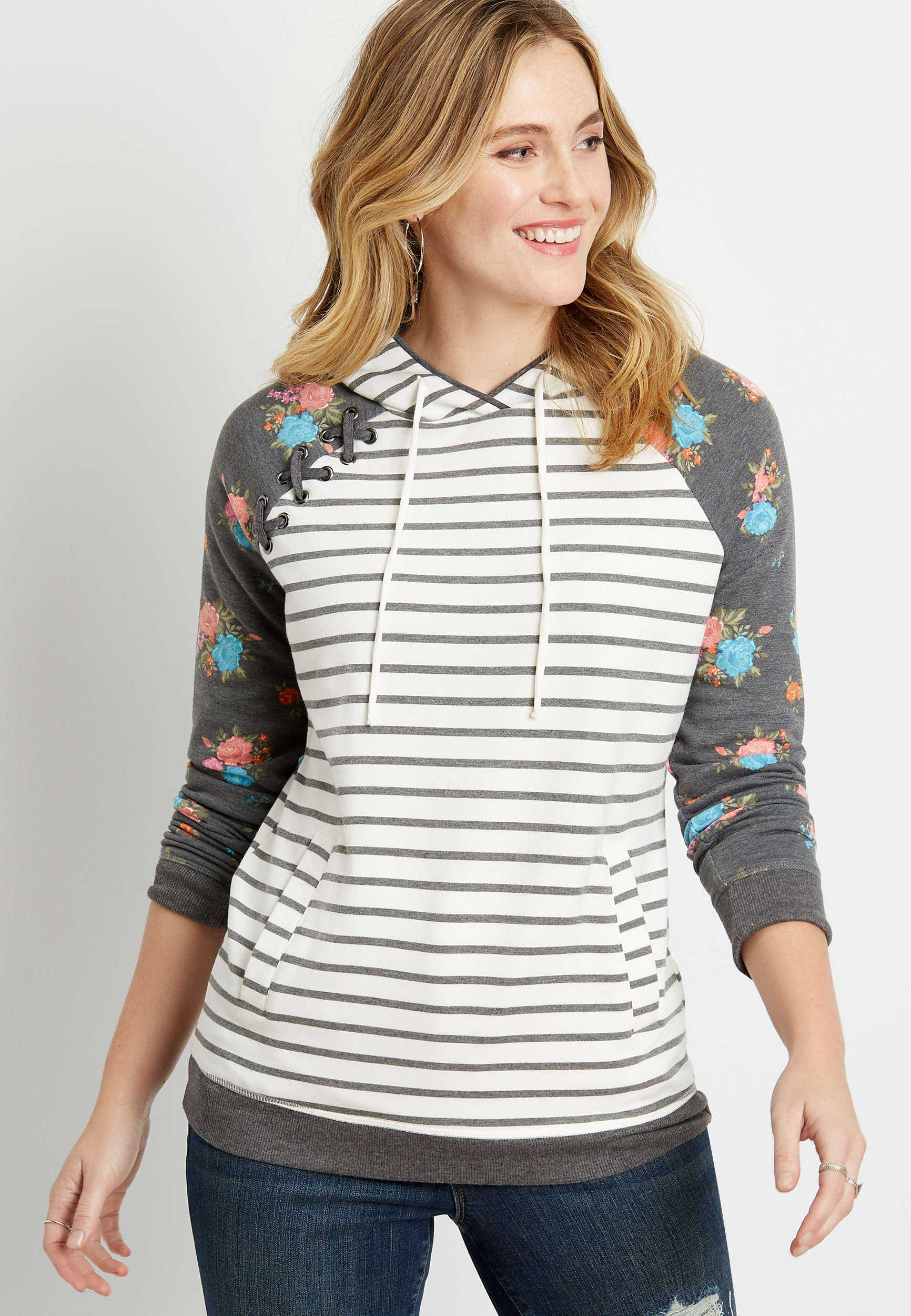 Floral Stripe Lace Up Shoulder Pullover Hoodie | maurices
