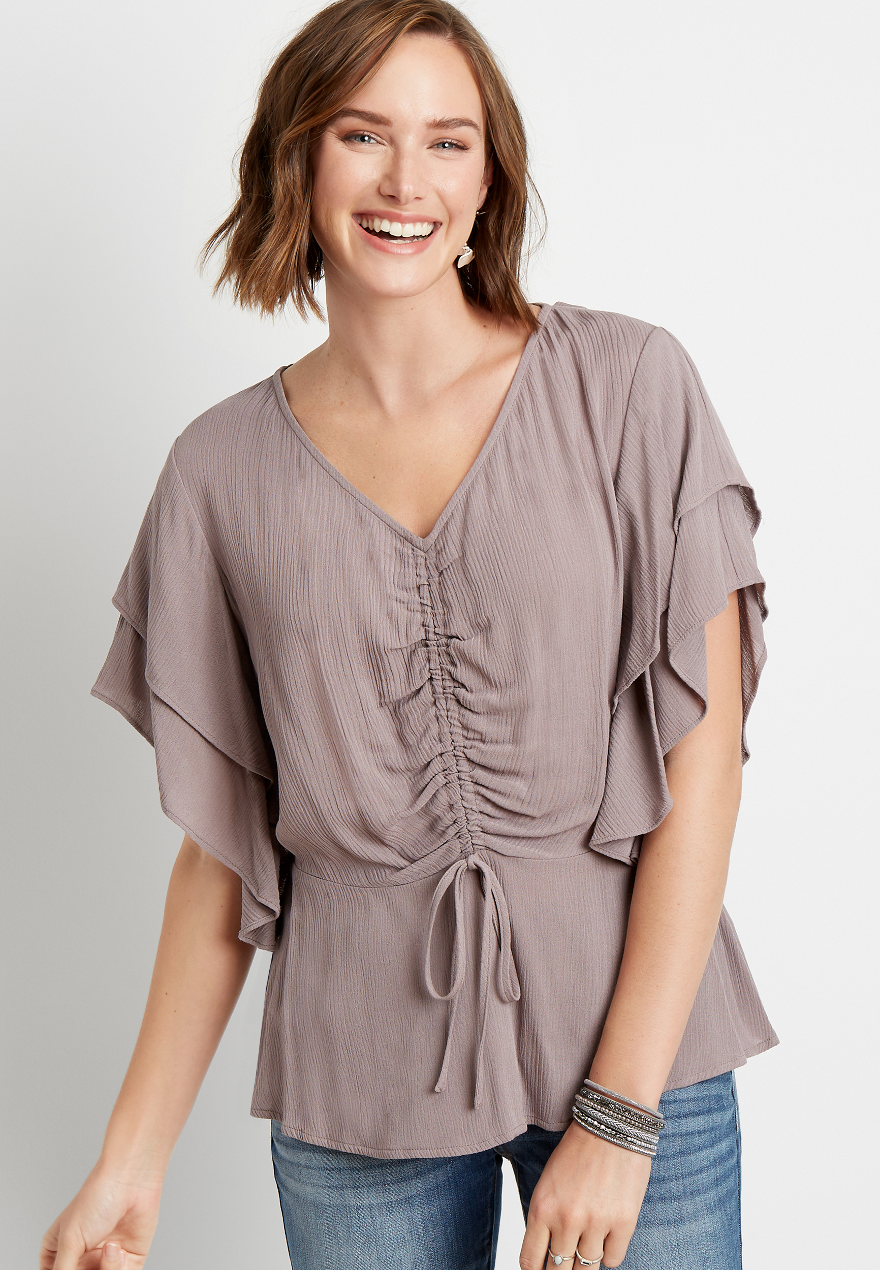 Purple Cinch Front Flutter Sleeve Top | maurices