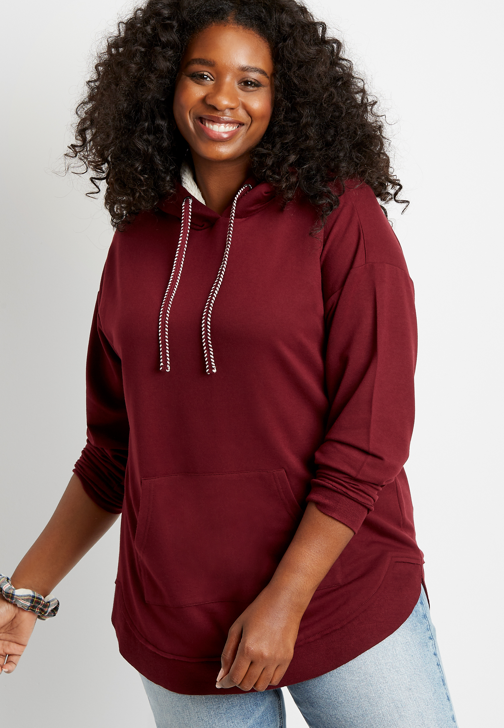 Plus Size Solid Berry Faux Fur Lined Hood Pullover Hoodie | maurices