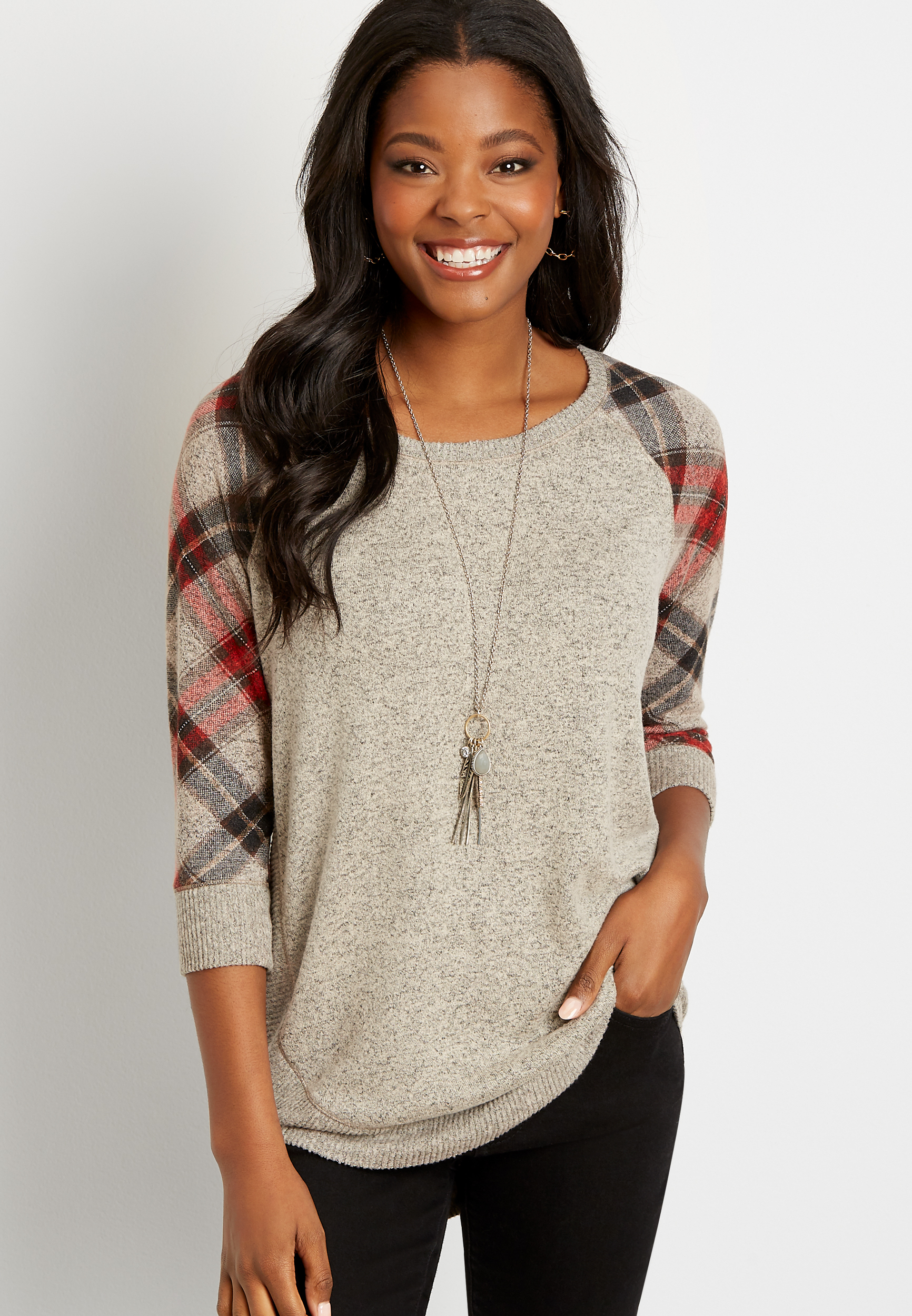 Plaid Sleeve Round Hem Pullover | maurices