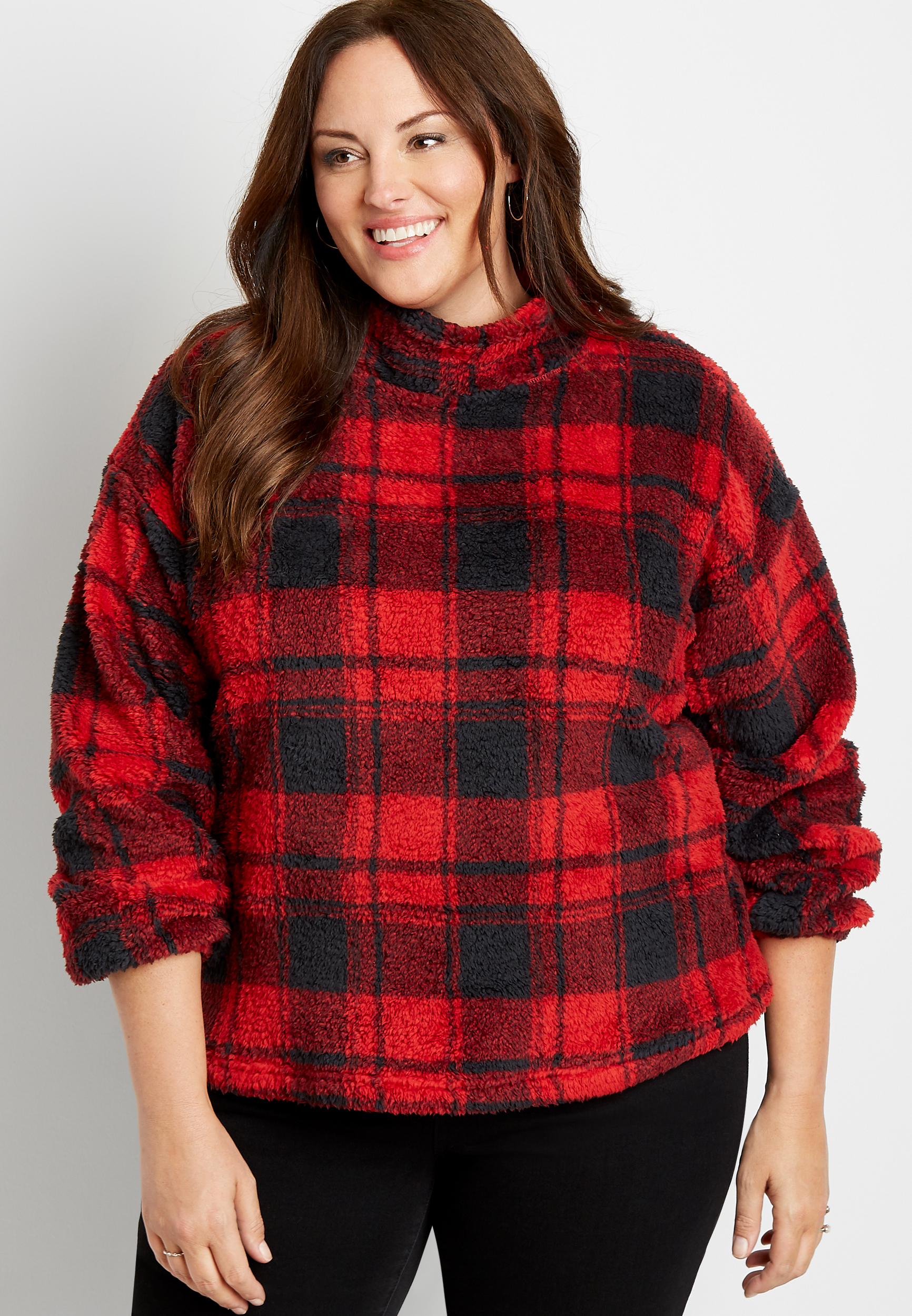 Plus Size Buffalo Plaid Mock Neck Sherpa Pullover Sweatshirt | maurices