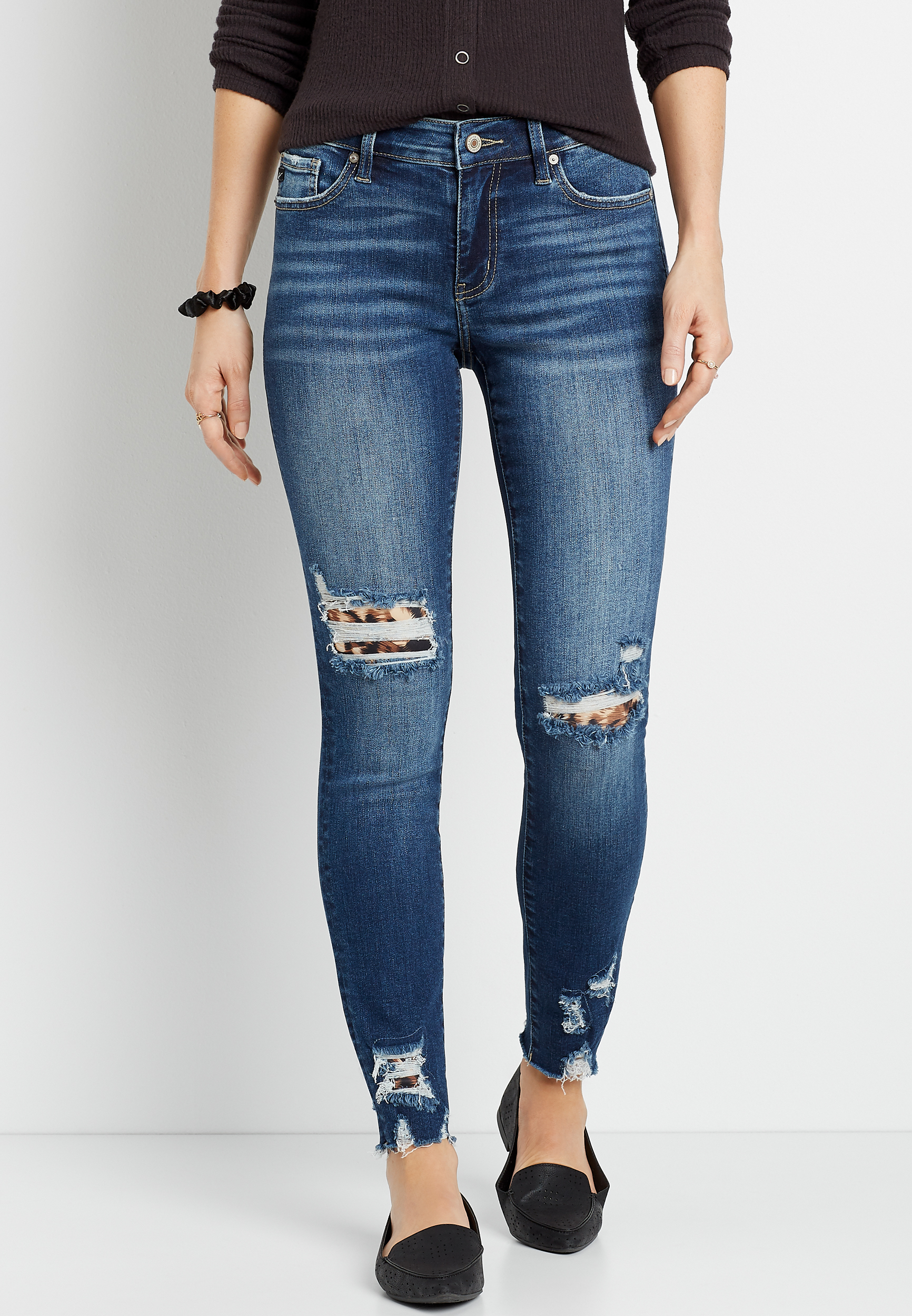 KanCan Skinny Mid Rise Leopard Backed Ripped Jean Maurices