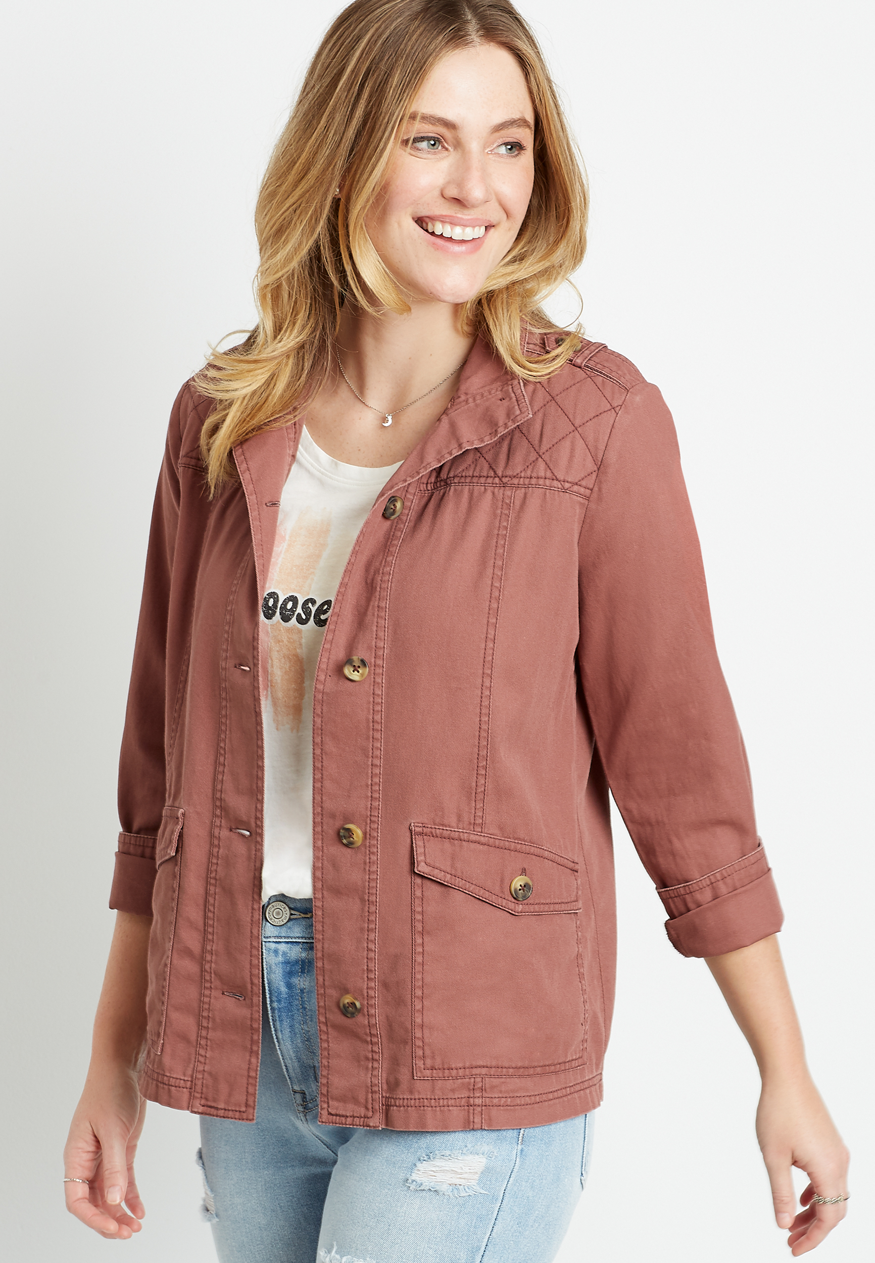 Solid Quilted Yoke Utility Jacket | maurices