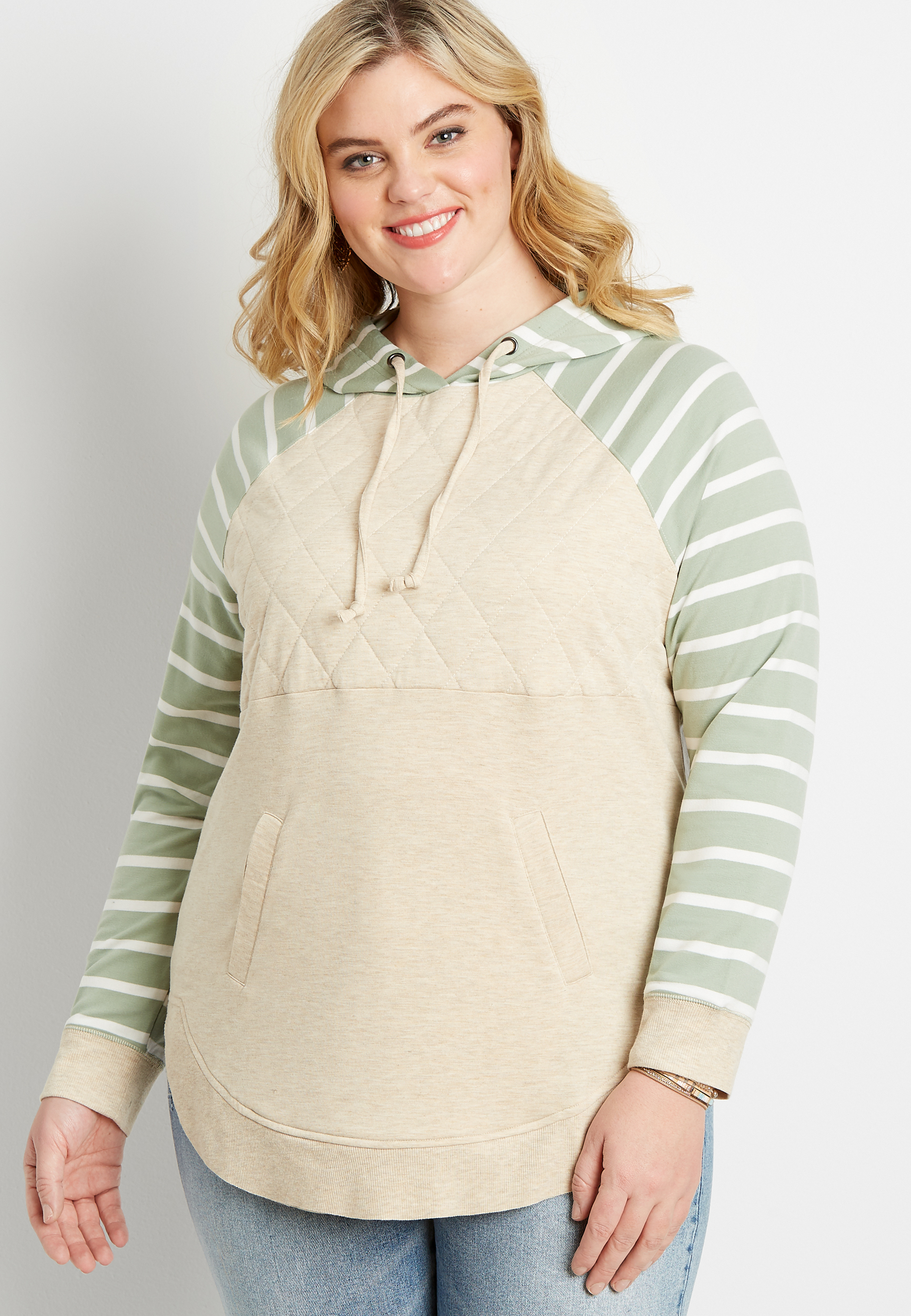 Plus Size Stripe Sleeve Quilted Front Pullover Hoodie | maurices