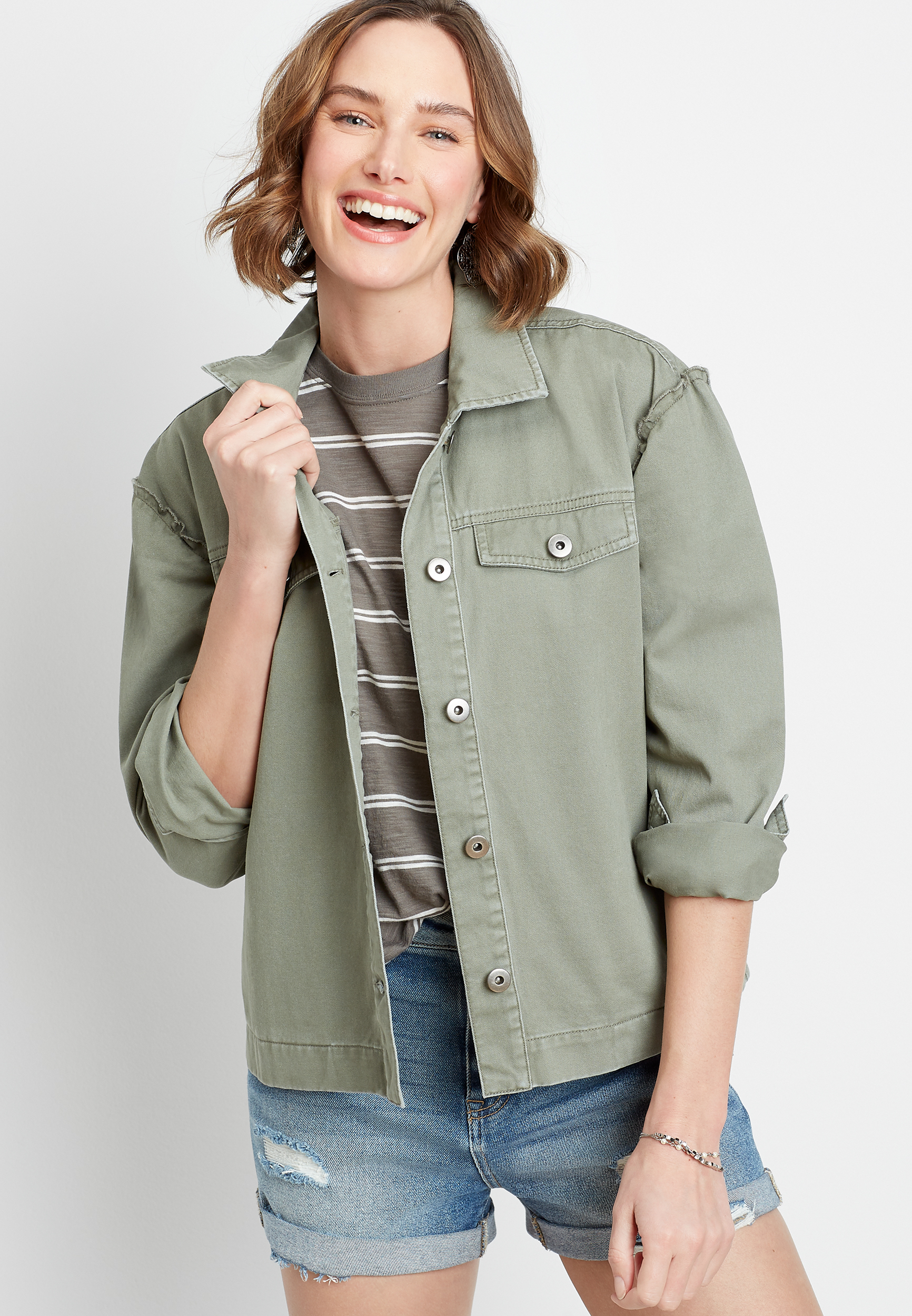 Olive Ruffle Trim Button Down Jacket | maurices