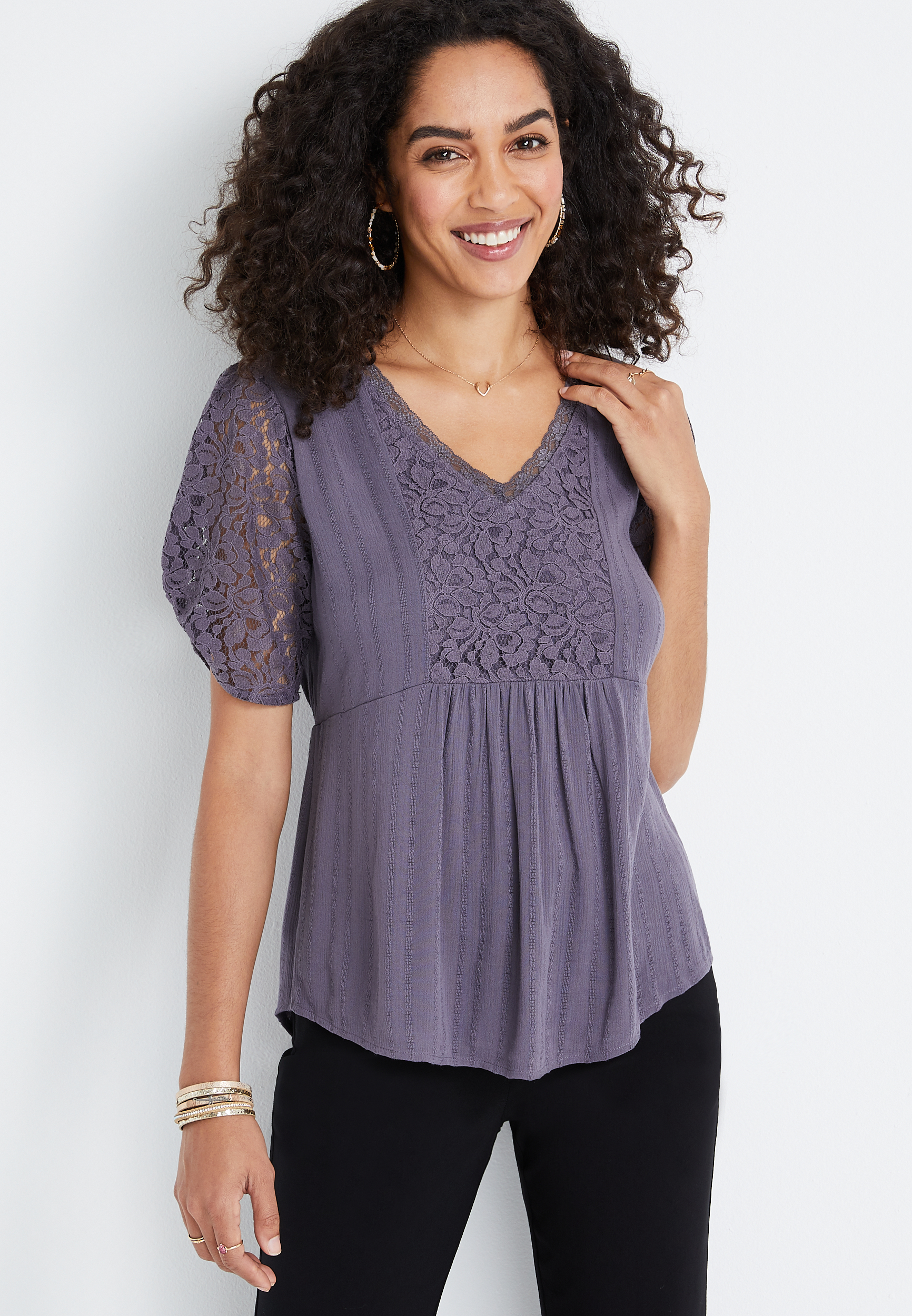 Solid V Neck Lace Blouse | maurices