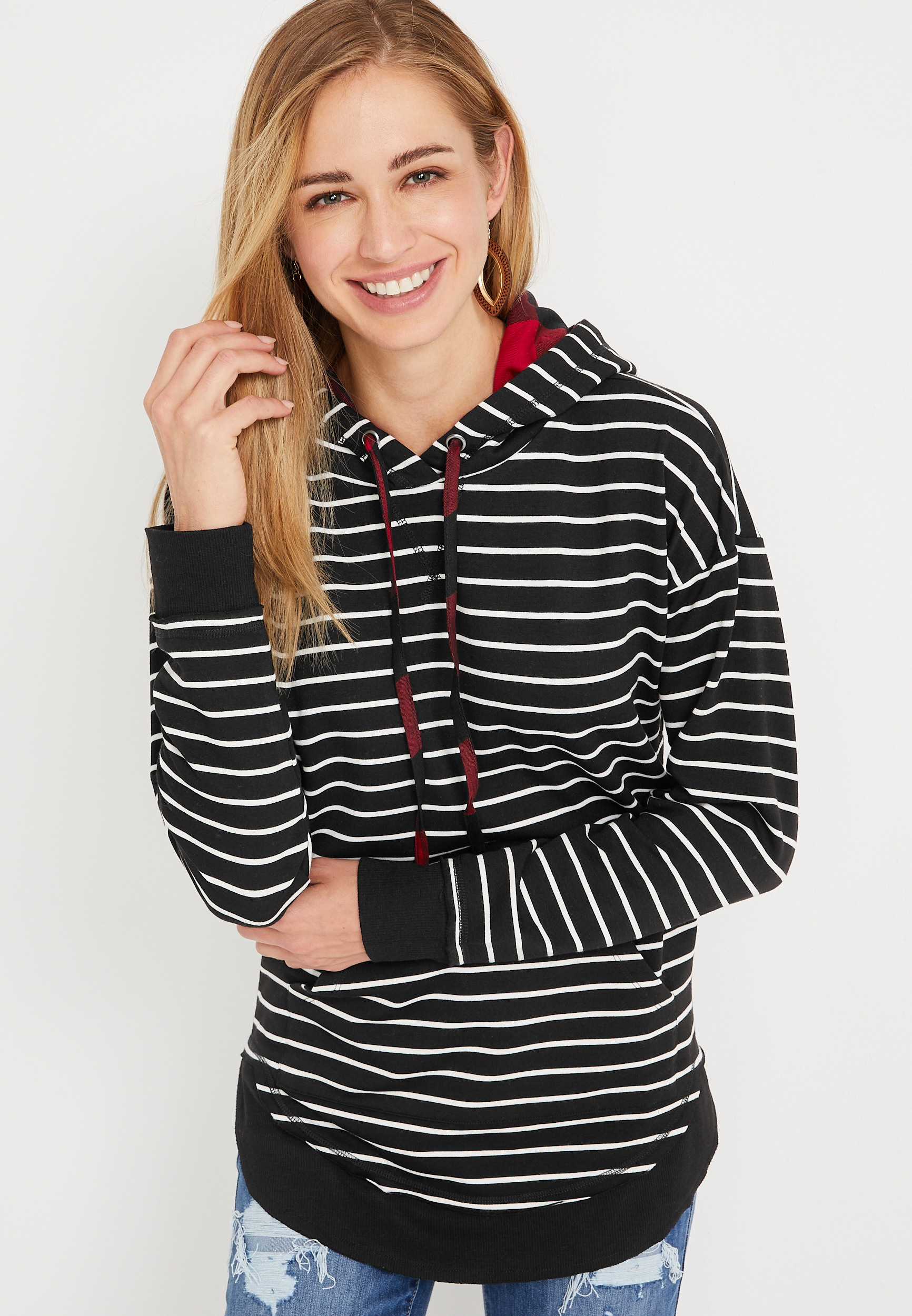 Homeward Black Striped Brushed Plaid Hoodie | maurices