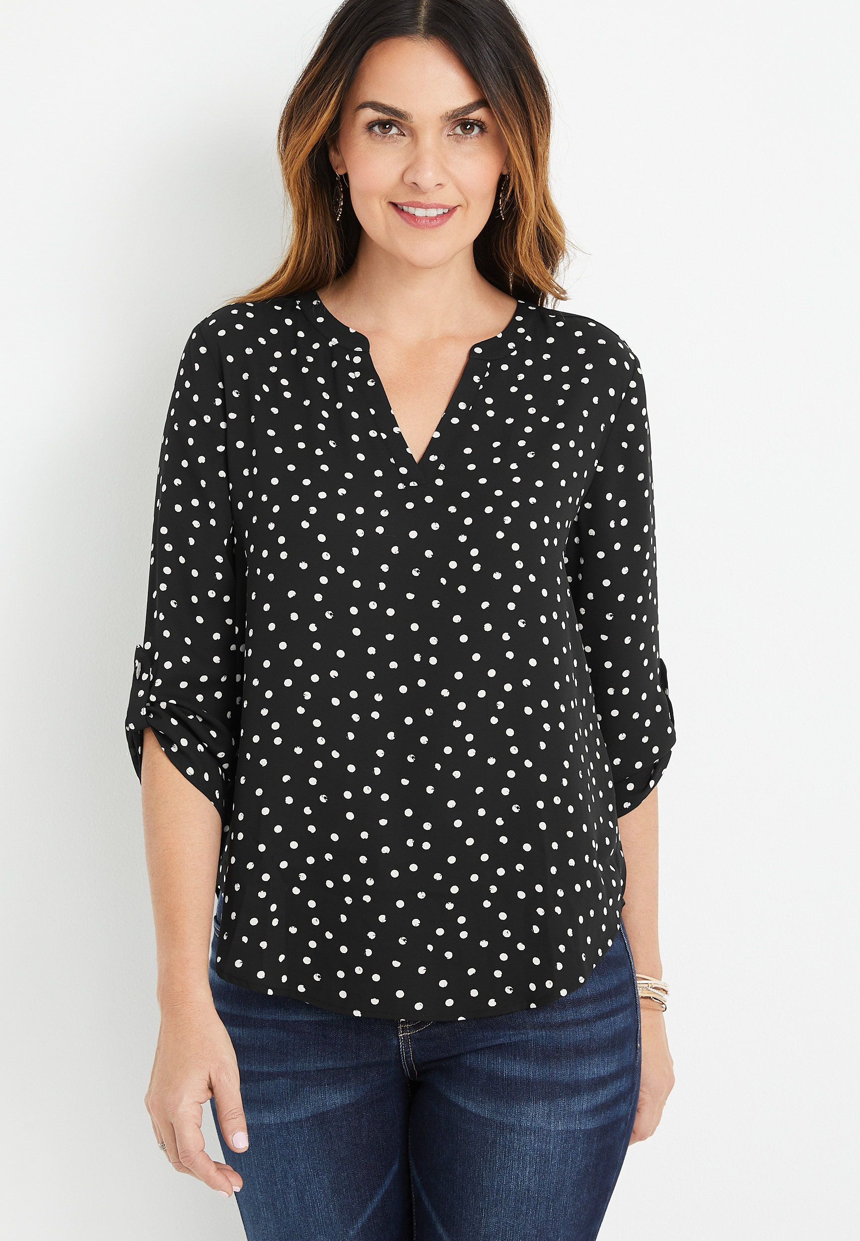 Atwood Polka Dot 3 4 Sleeve Popover Blouse Maurices