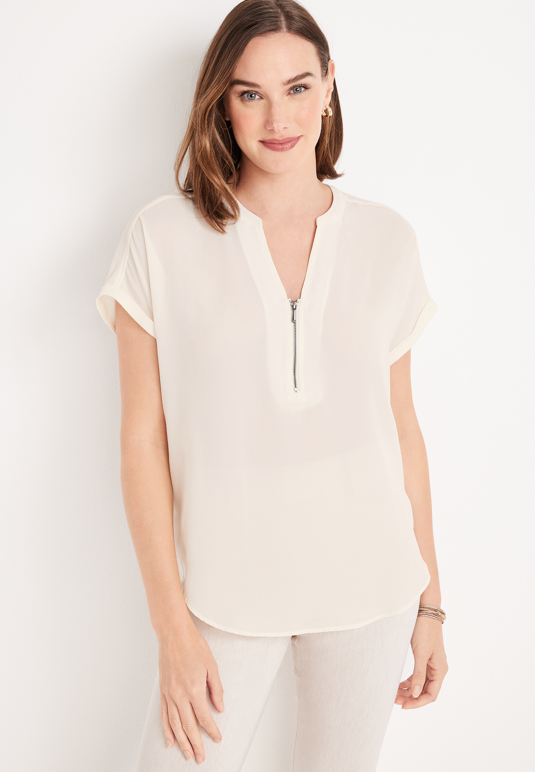 Geneva Solid Zipper Neck Blouse | maurices