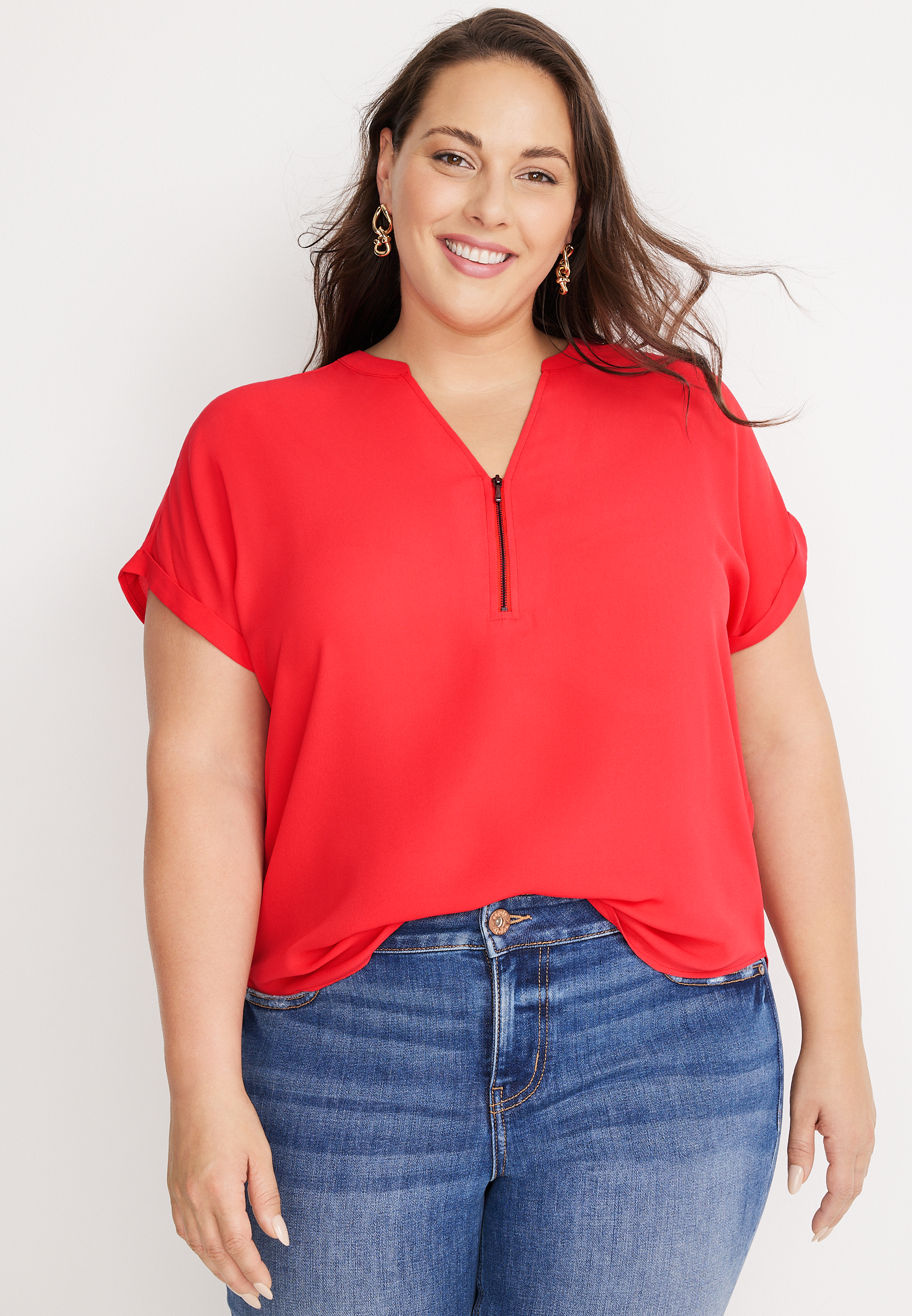 Plus Size Geneva Solid Zipper Neck Blouse | maurices