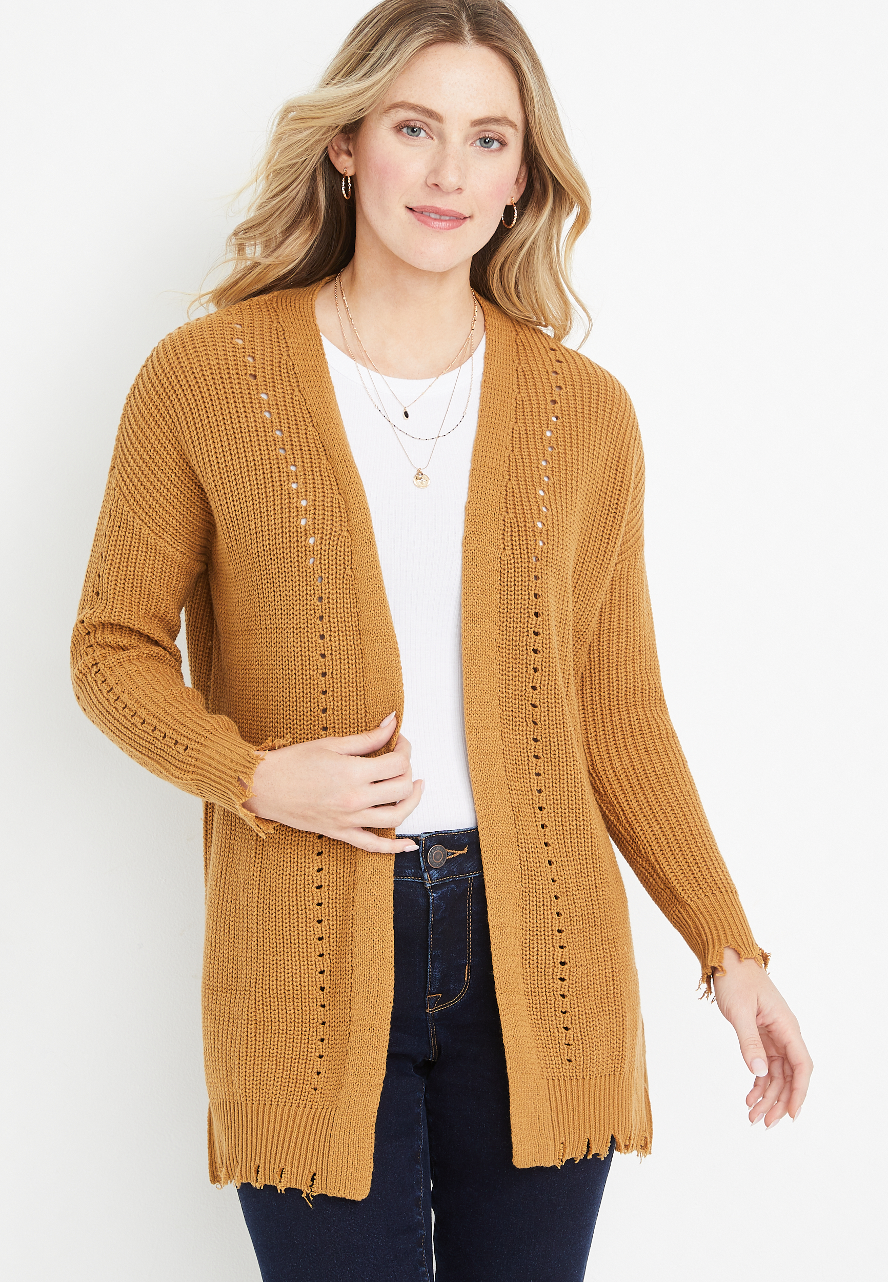 Solid Destructed Hem Cardigan | maurices