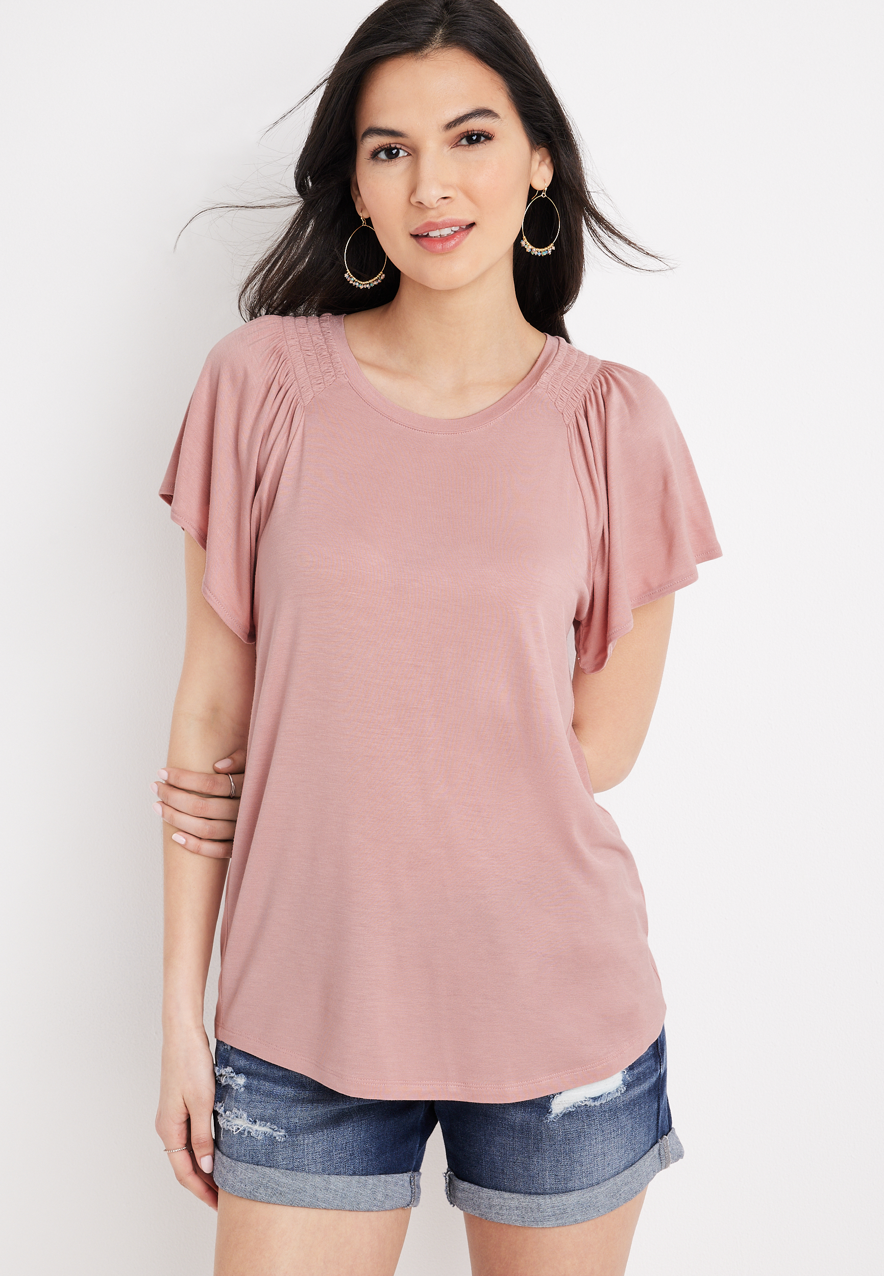 Solid Smocked Flutter Sleeve Top | maurices