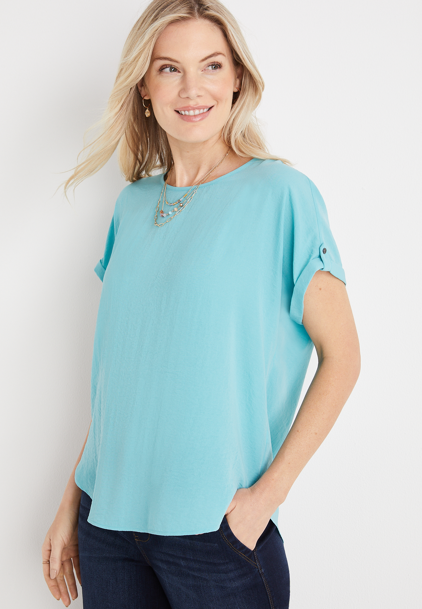 Delton Solid Zipper Back Blouse | maurices