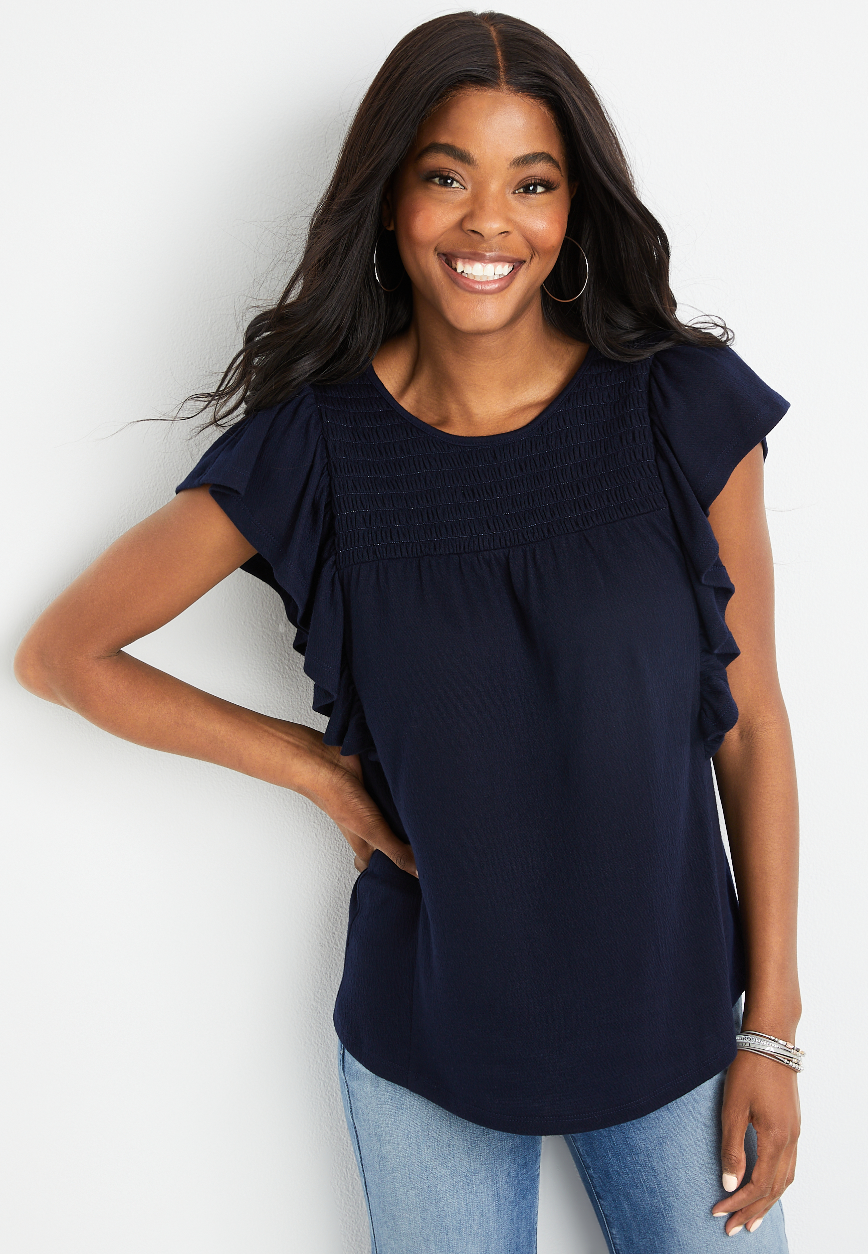 Smocked Flutter Sleeve Top | maurices