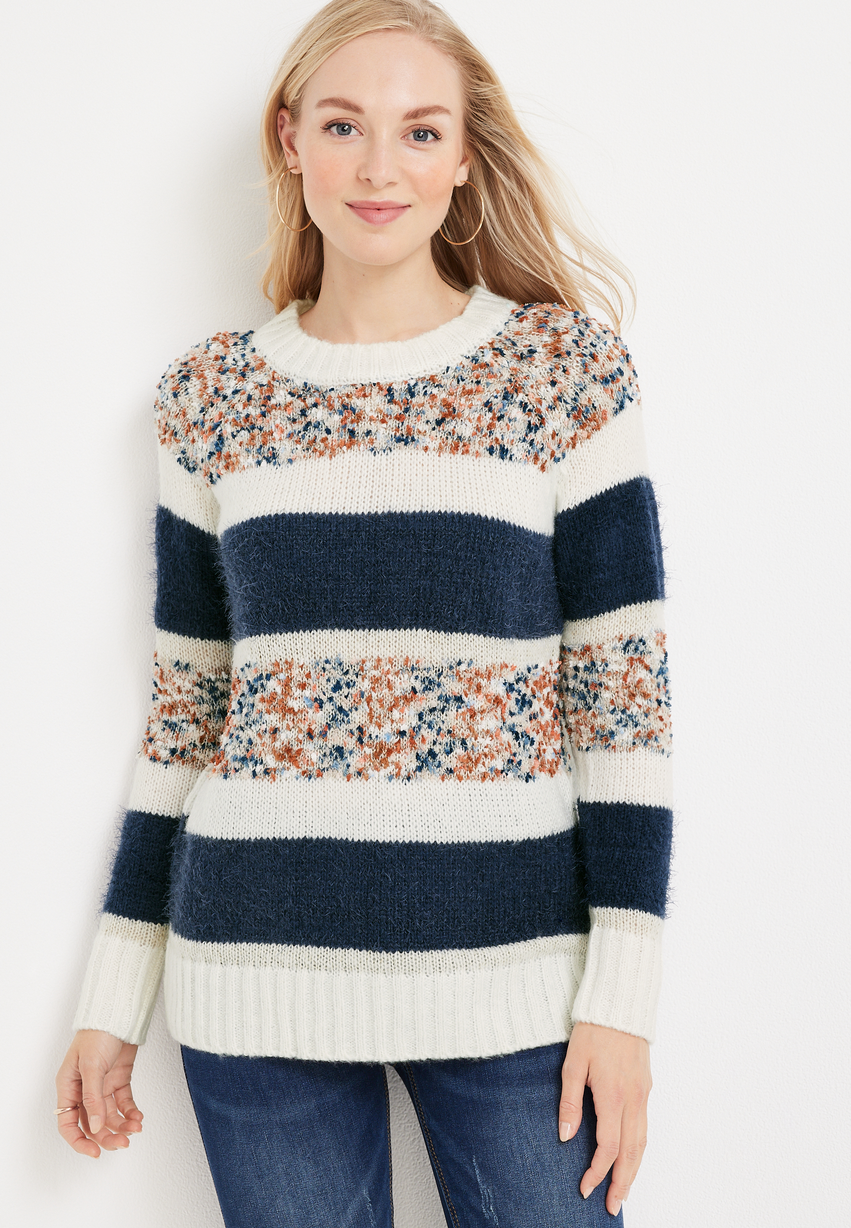 Navy Stripe Popo Crew Neck Sweater | maurices