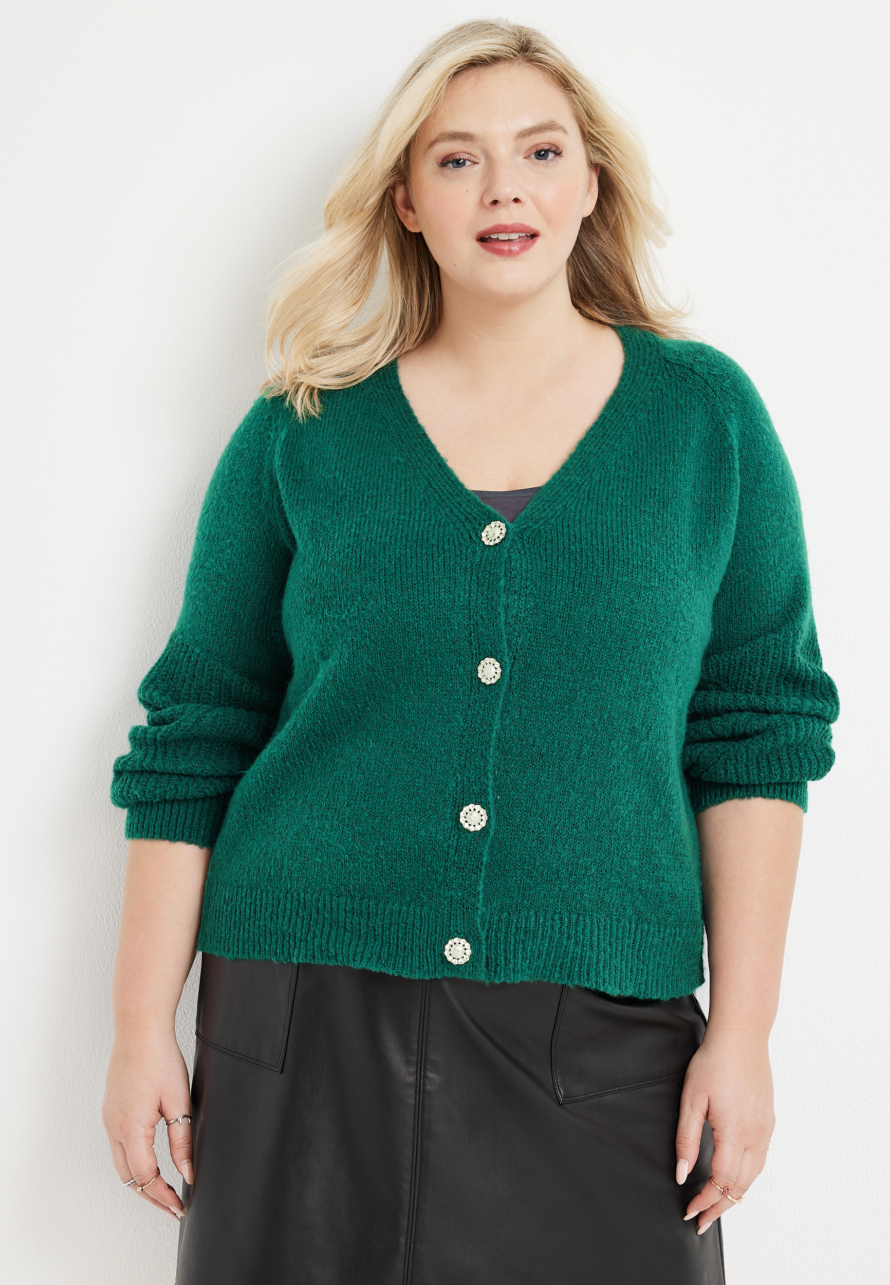 Plus Size Green Embellished Button Cardigan | maurices