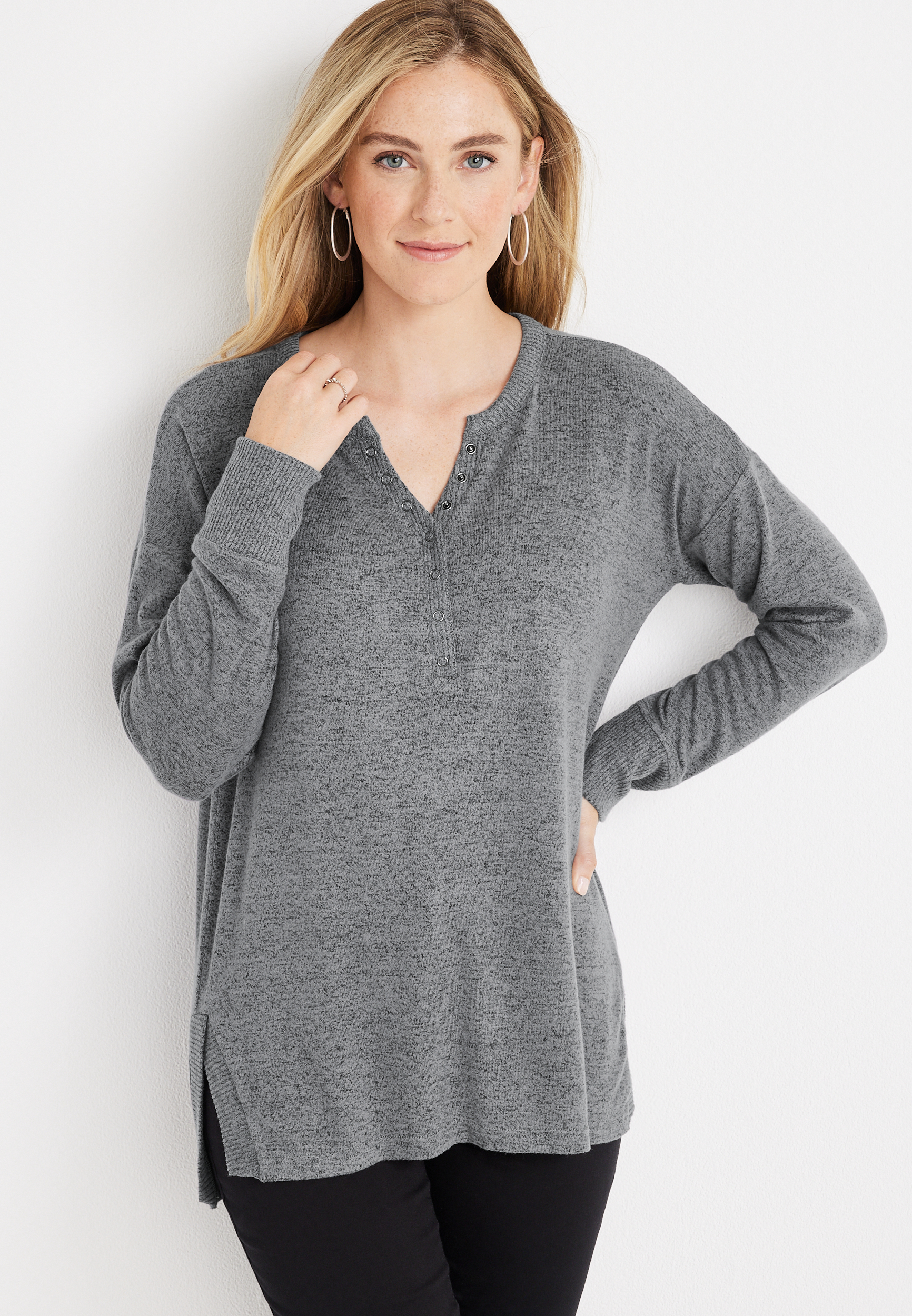 Solid Boyfriend Henley Tunic | maurices