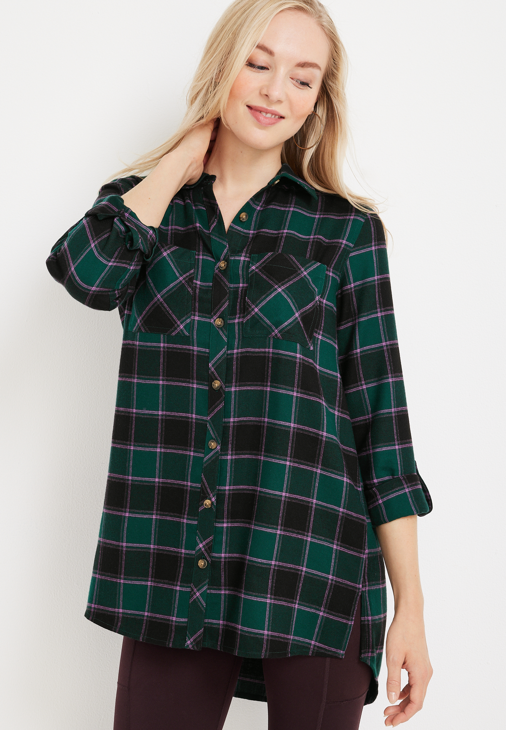 Cabin Plaid High Low Tunic Button Down Shirt | maurices
