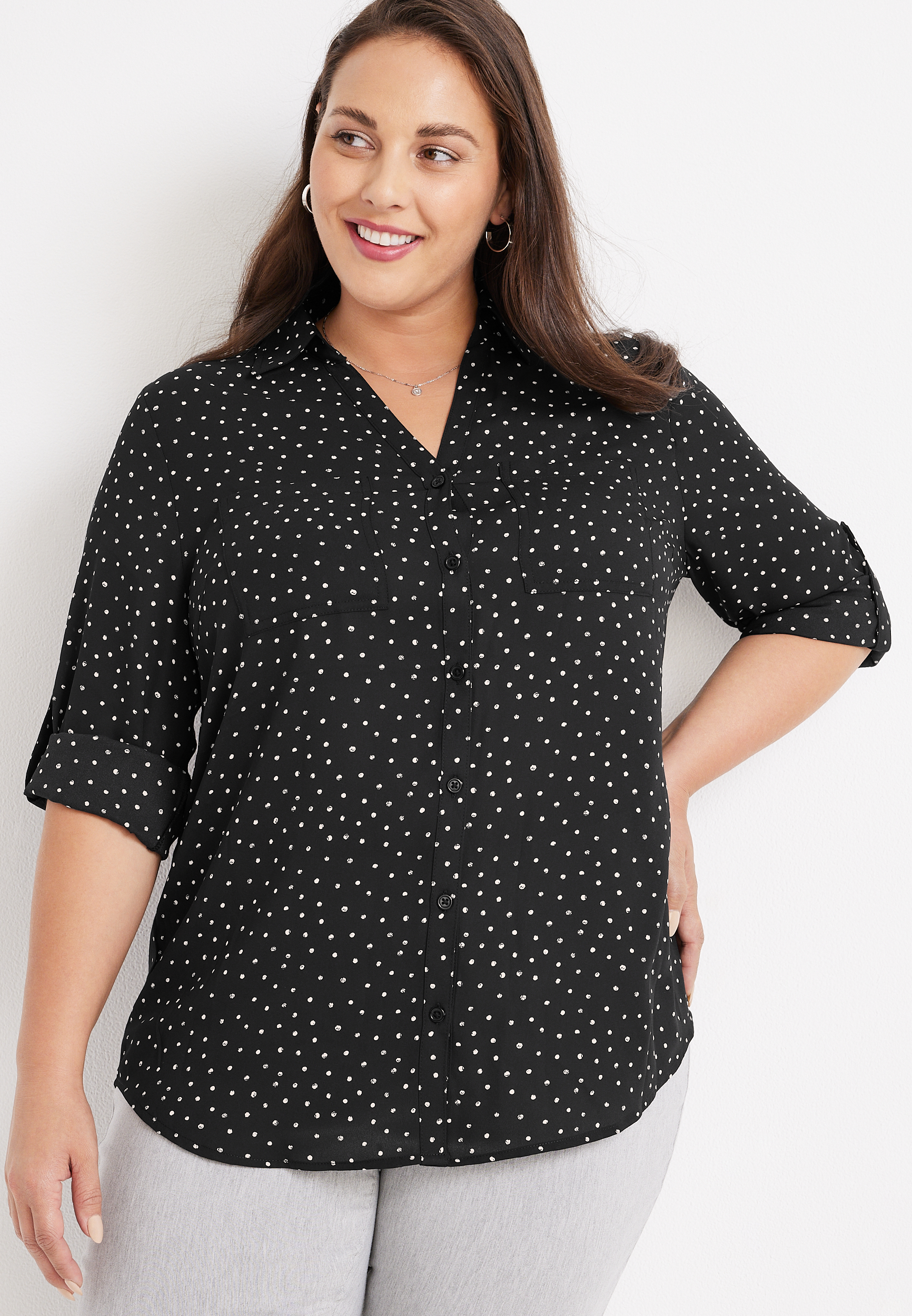 Plus Size Winona Polk Dot Button Down Blouse | maurices