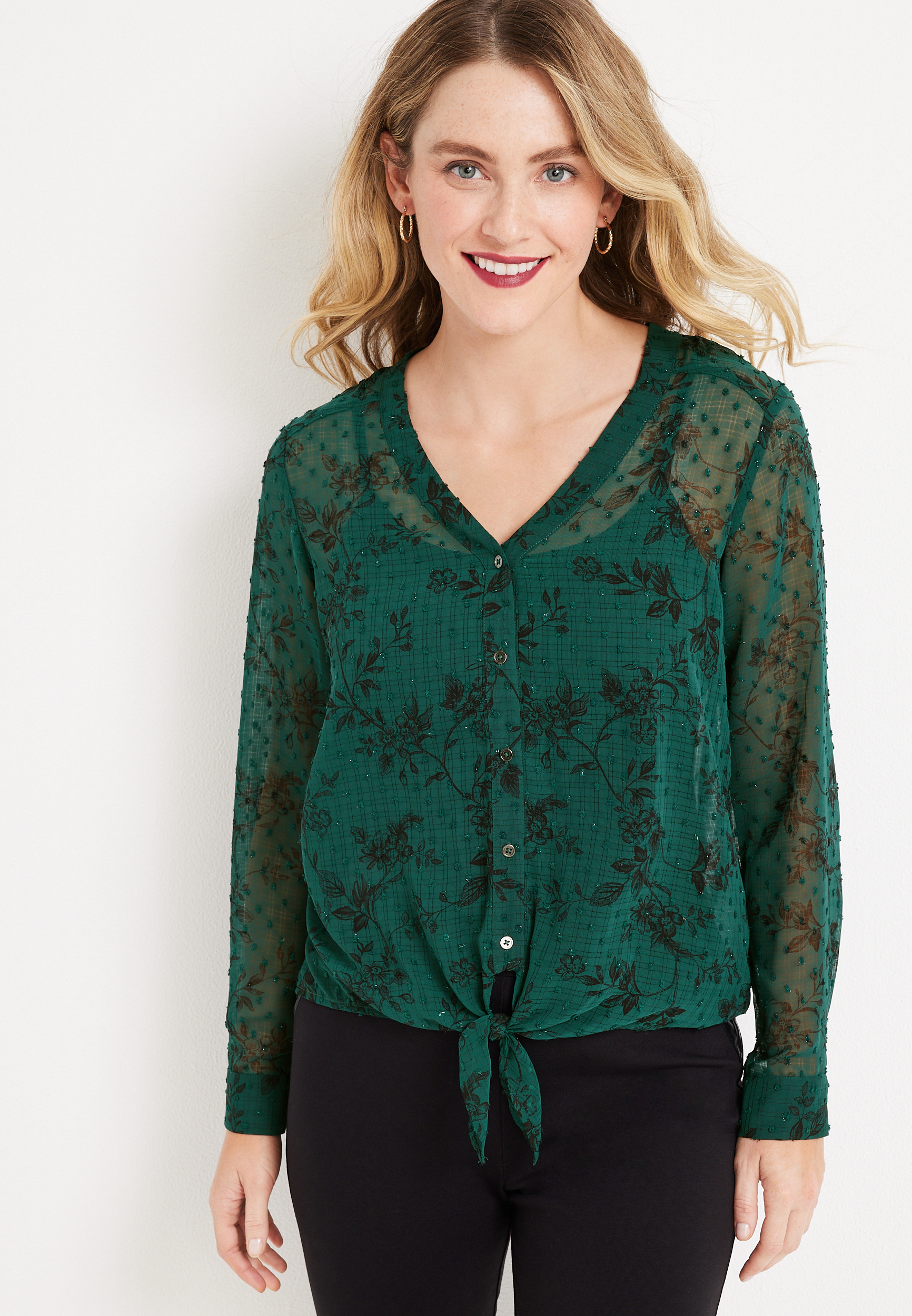 Floral Clip Dot Button Down Front Tie Blouse | maurices