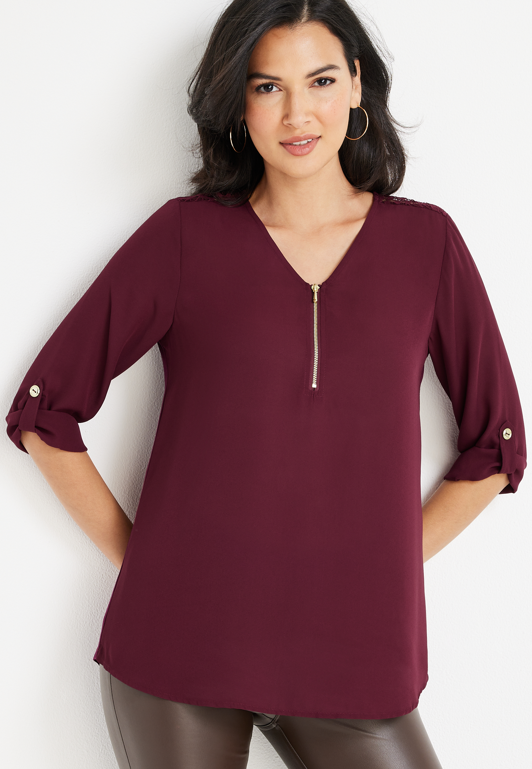 Geneva Zipper Neck Tunic Blouse | maurices