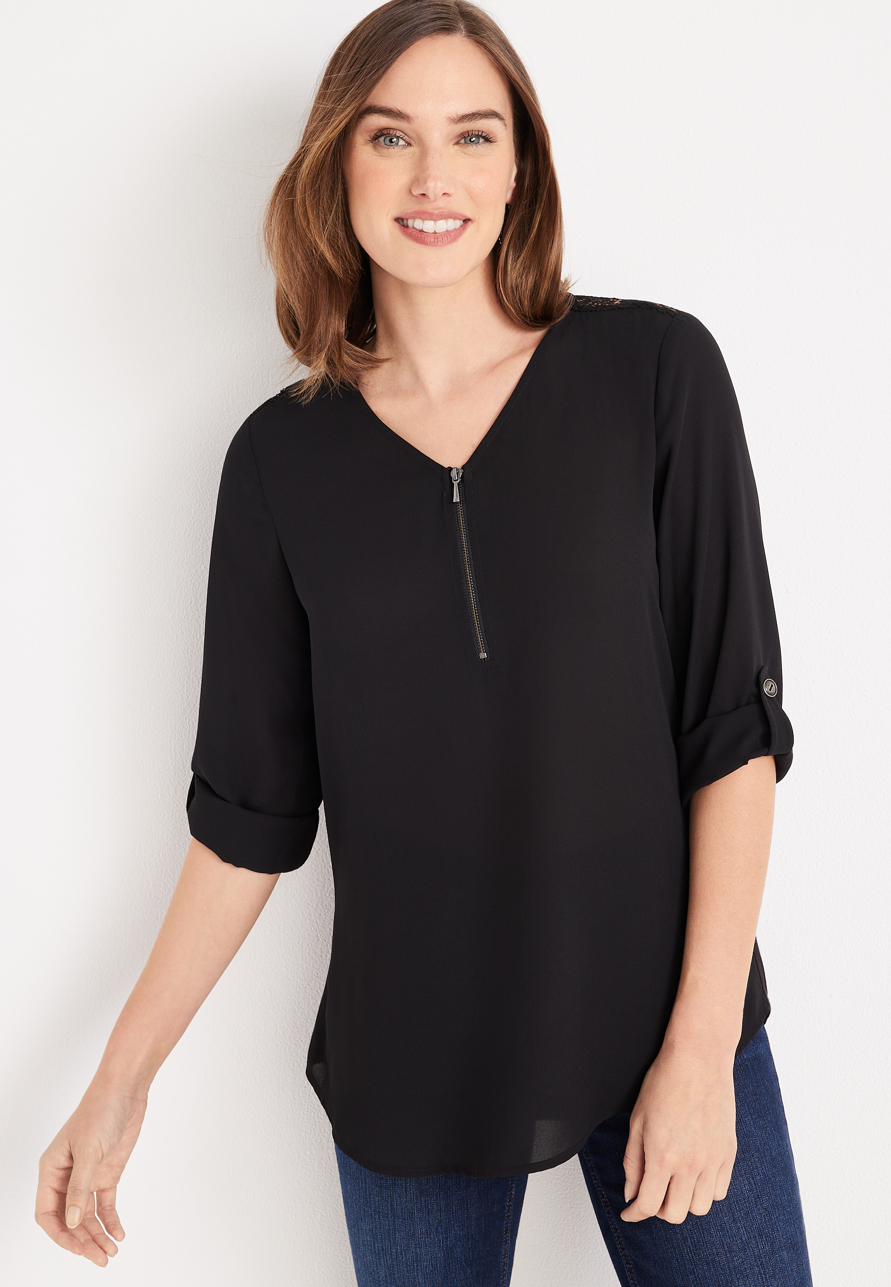 Geneva Zipper Neck Tunic Blouse | maurices