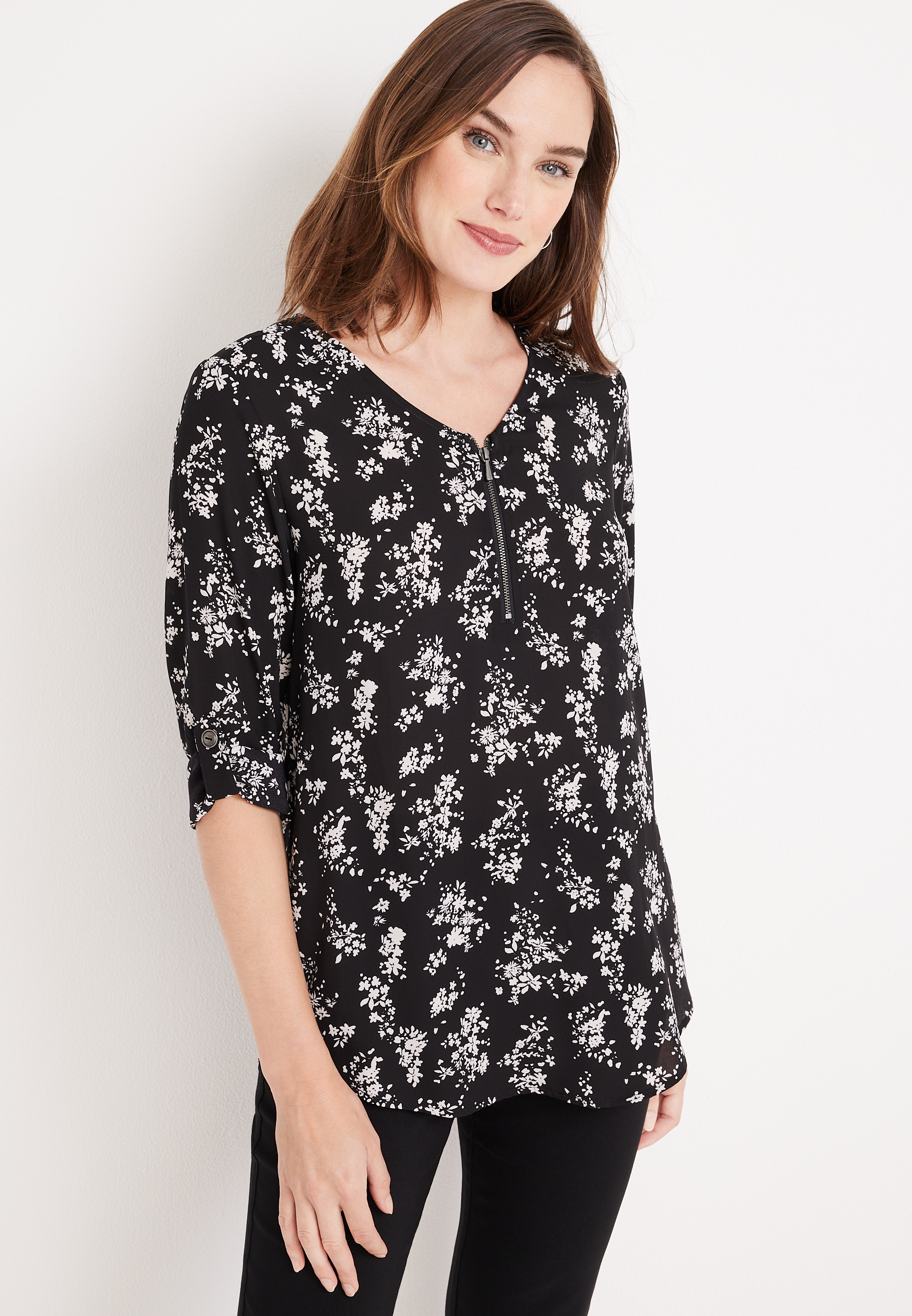 Geneva Floral Zipper Neck Tunic Blouse | maurices