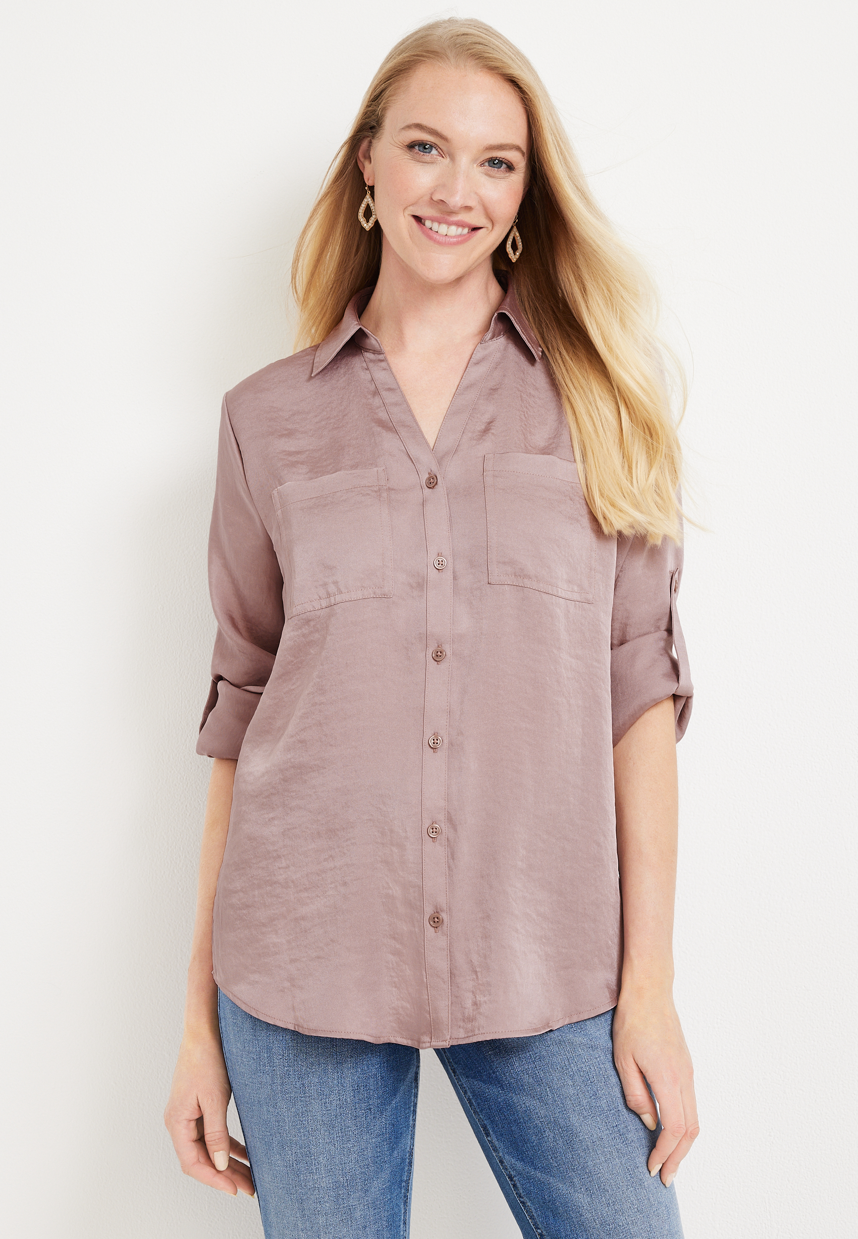 Winona Satin Button Down Blouse | maurices