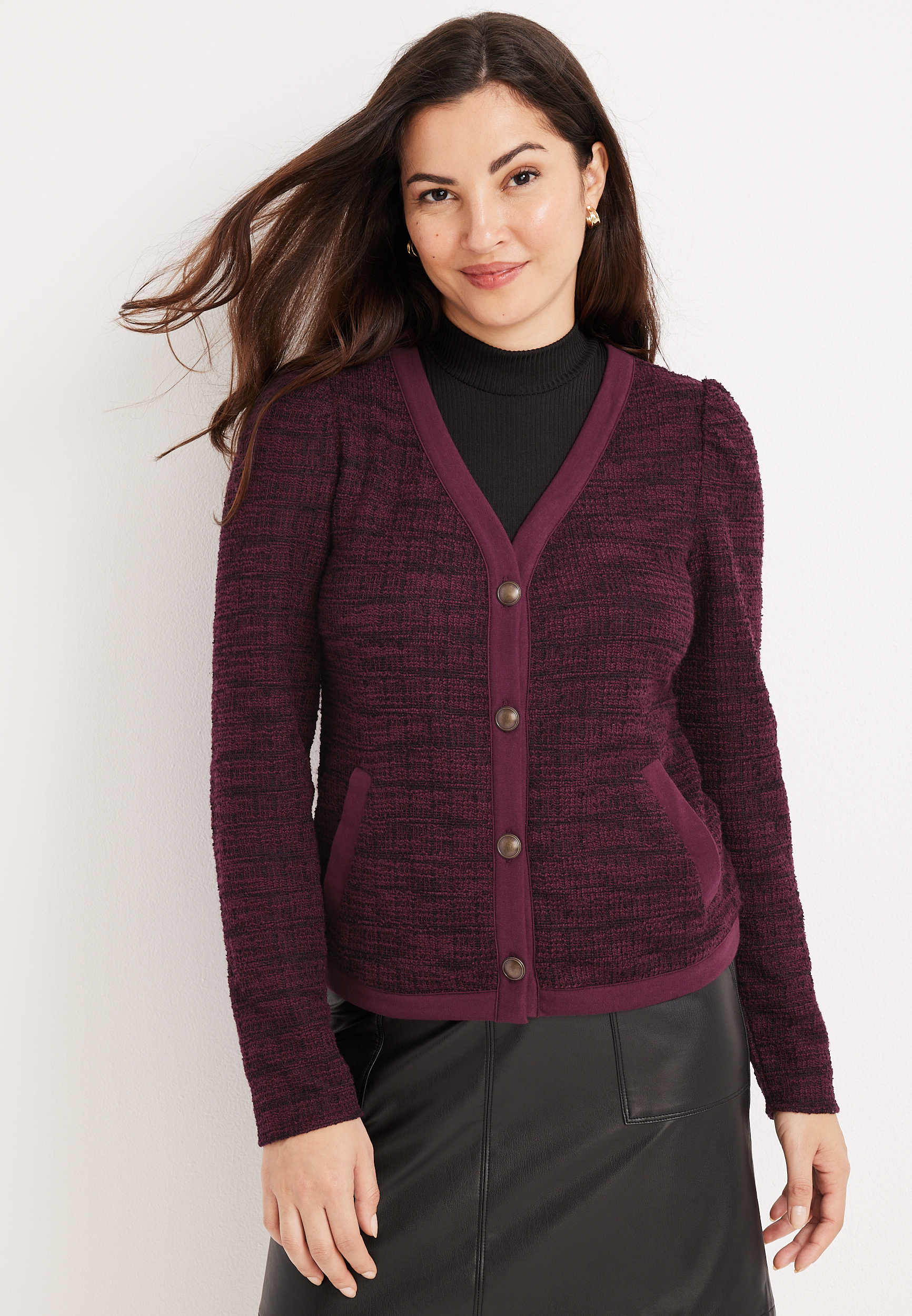 Cropped Tweed Button Down Cardigan | maurices